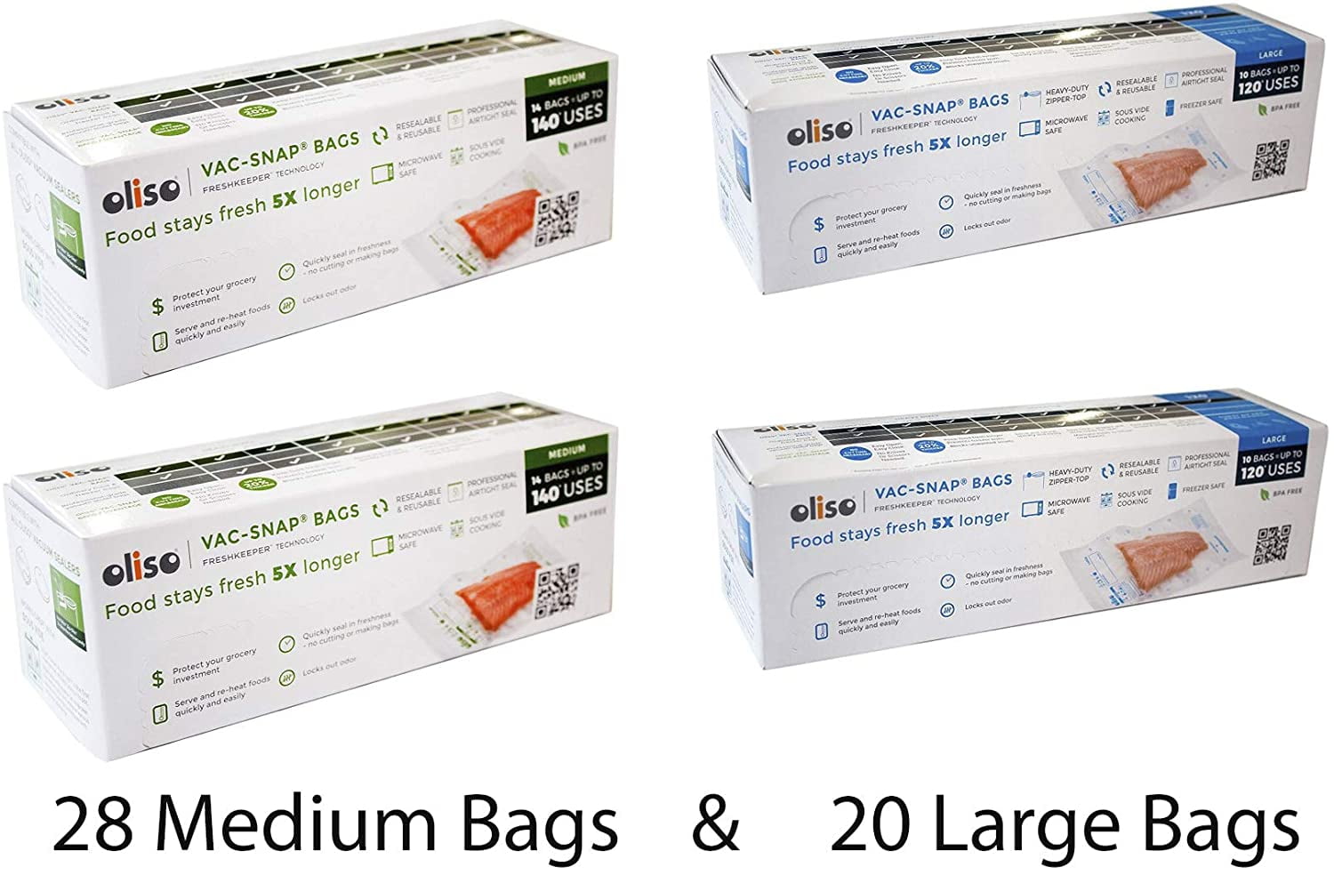 Oliso Pro VAC-SNAP Bags for Oliso Vacuum Sealers (28 Med 1 Qt & 20 Lrg ...
