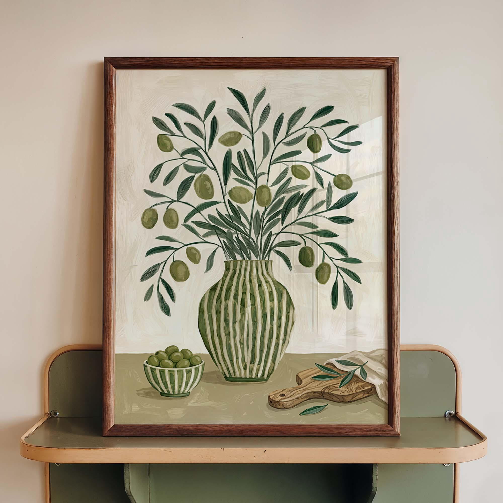 Olive Branch Poster Mediterranean Kitchen Wall Art Rustic Vase Print ...