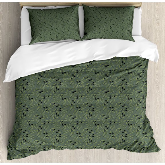 Olive Duvet Cover Set Queen Size, Leafy Silhouettes and Iconic ...