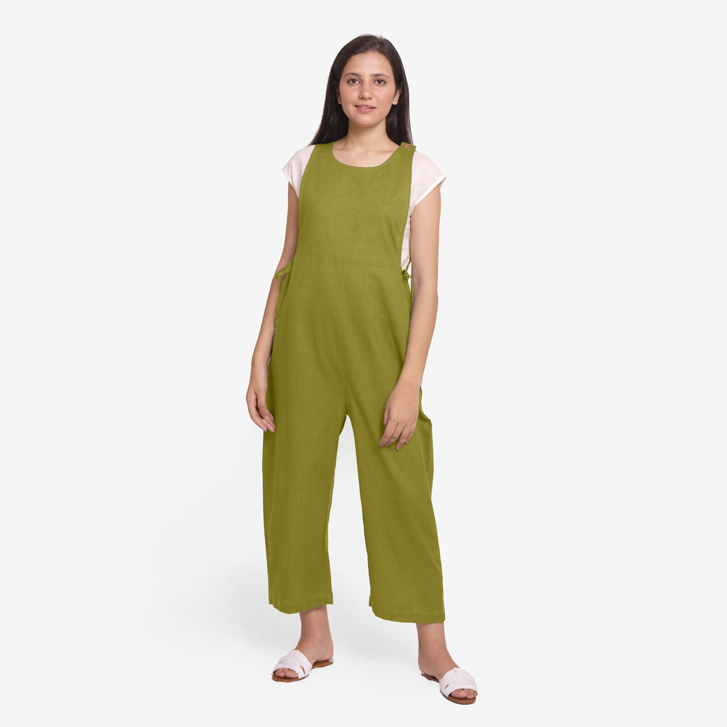 Olive Green 100% Cotton Sleeveless Pinafore Jumpsuit - Walmart.com