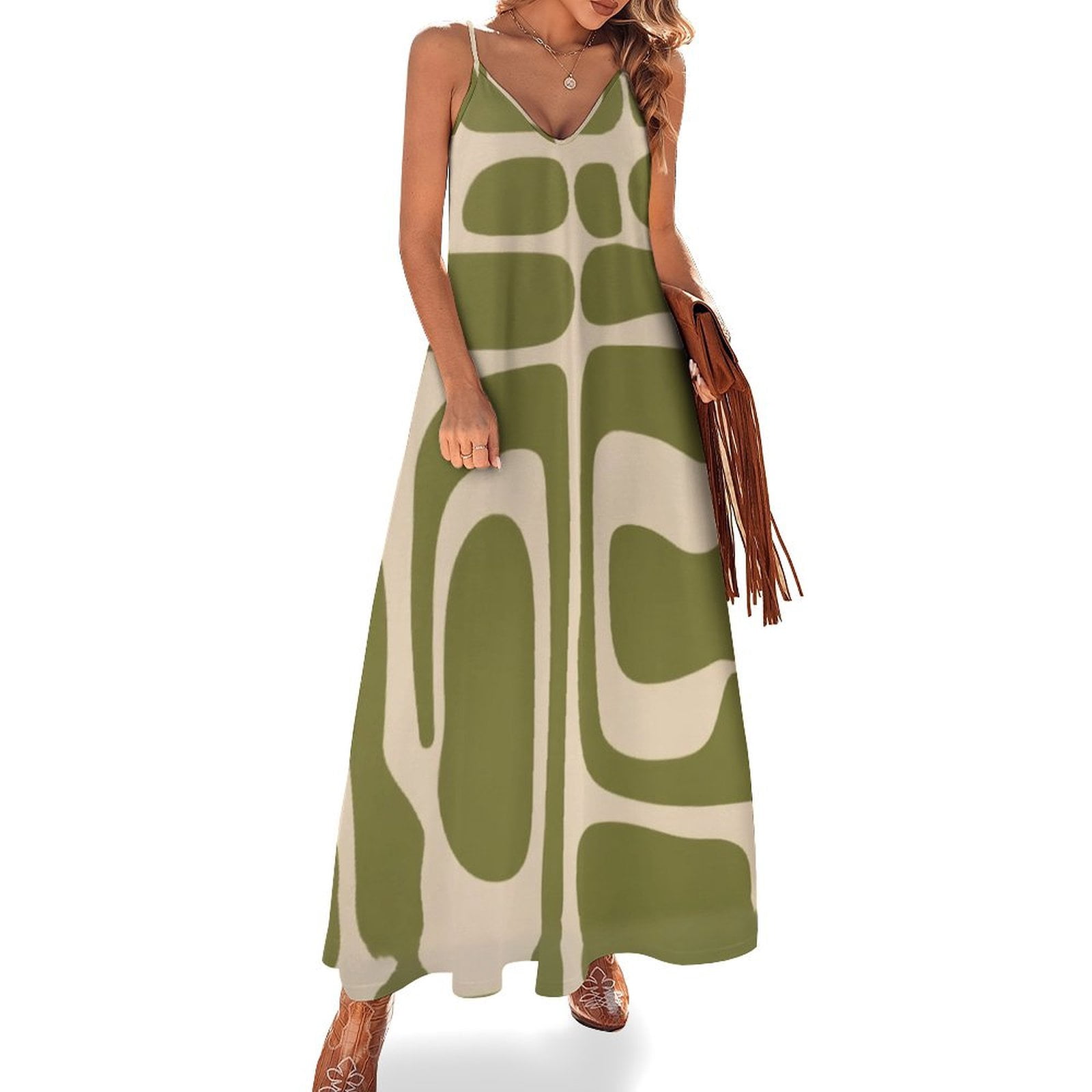 Olive Green Abstract Art Print Sleeveless Dress Loose Women's Dress ...