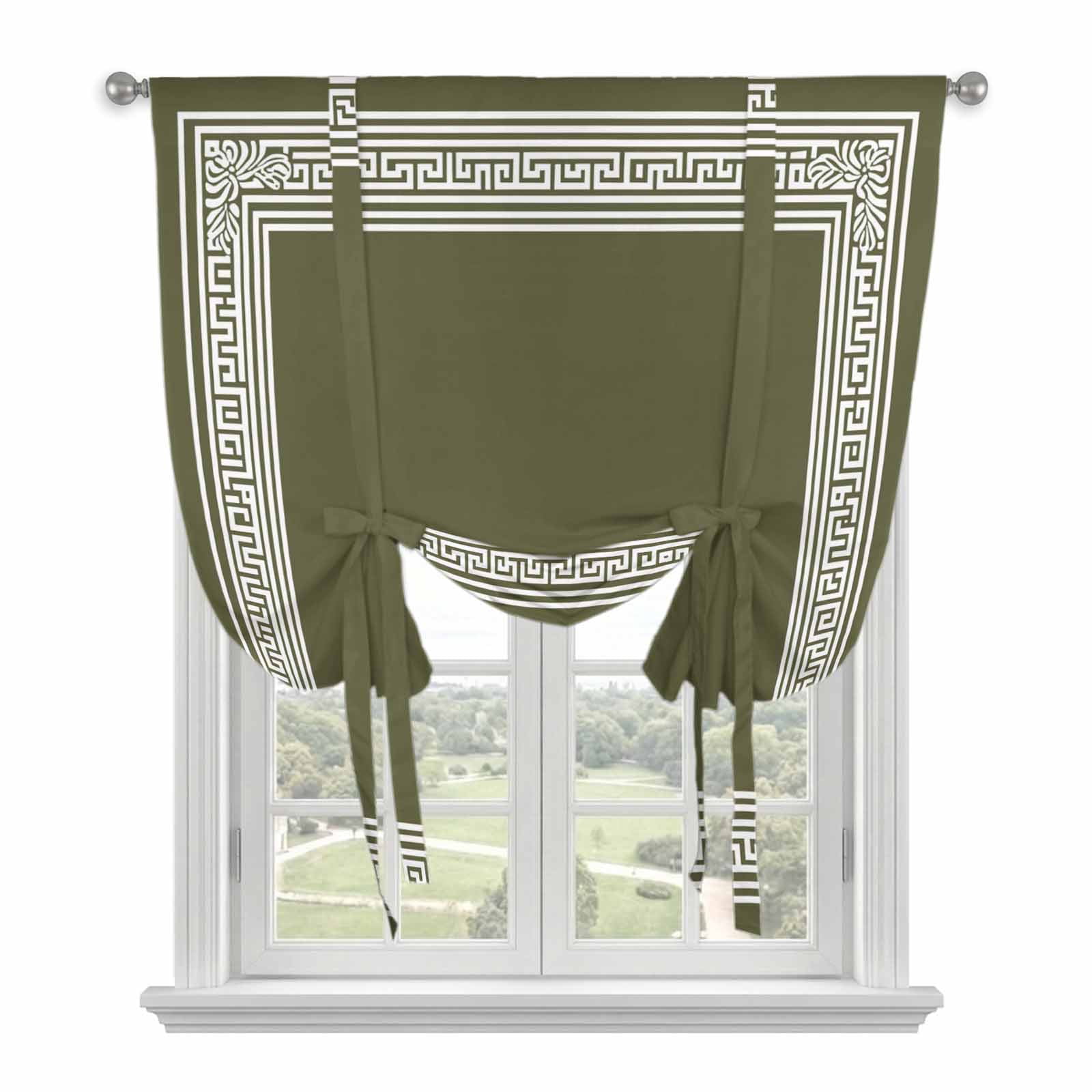 Olive Green Abstract Art Tie Up Curtains, Geometric Greek Key Country ...