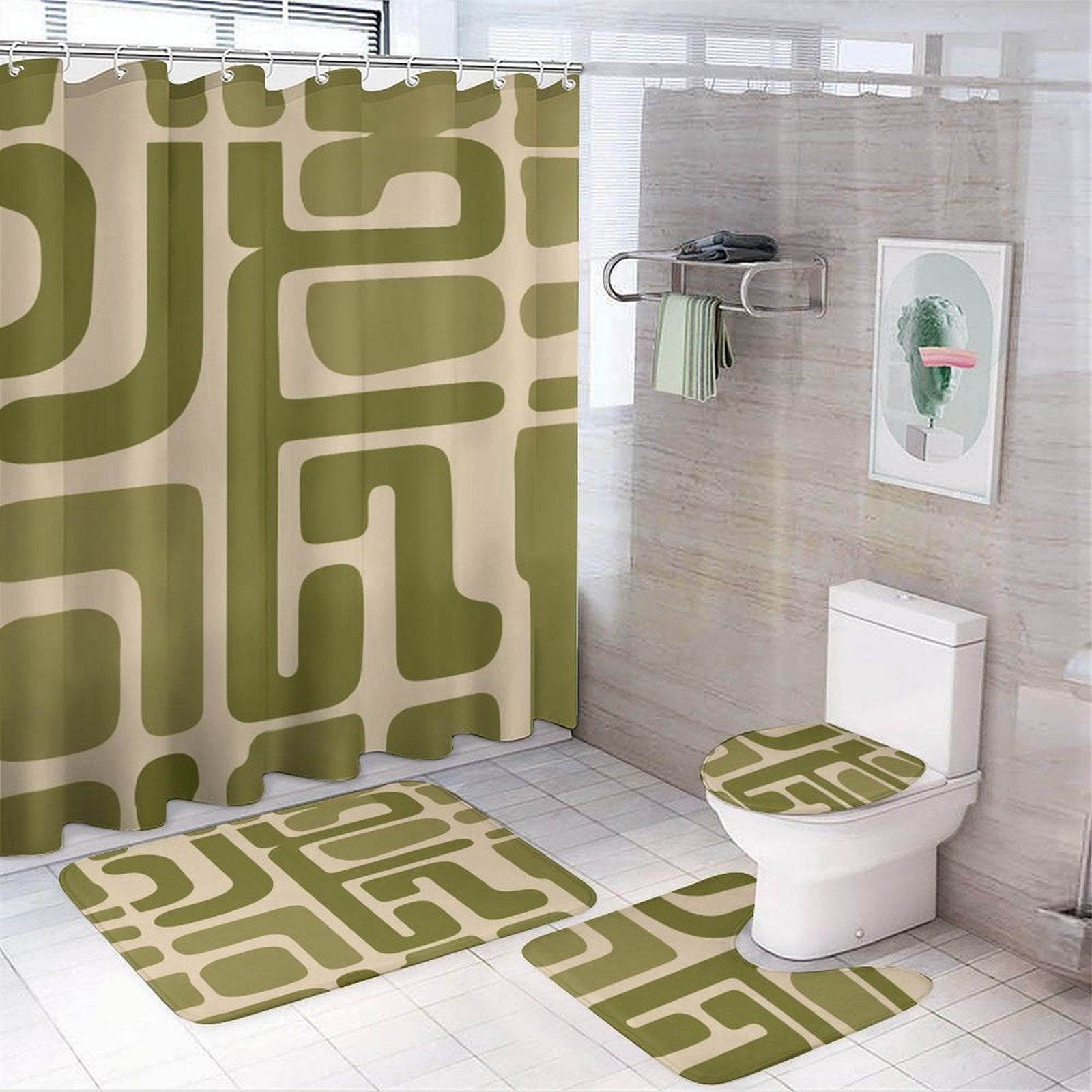 Olive Green Abstract Design Art 4 Pcs Bathroom Sets with Waterproof ...