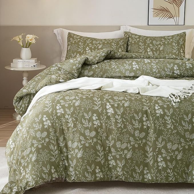 Olive Green Bohemian Garden Duvet Cover Set King Size Floral Botanical ...