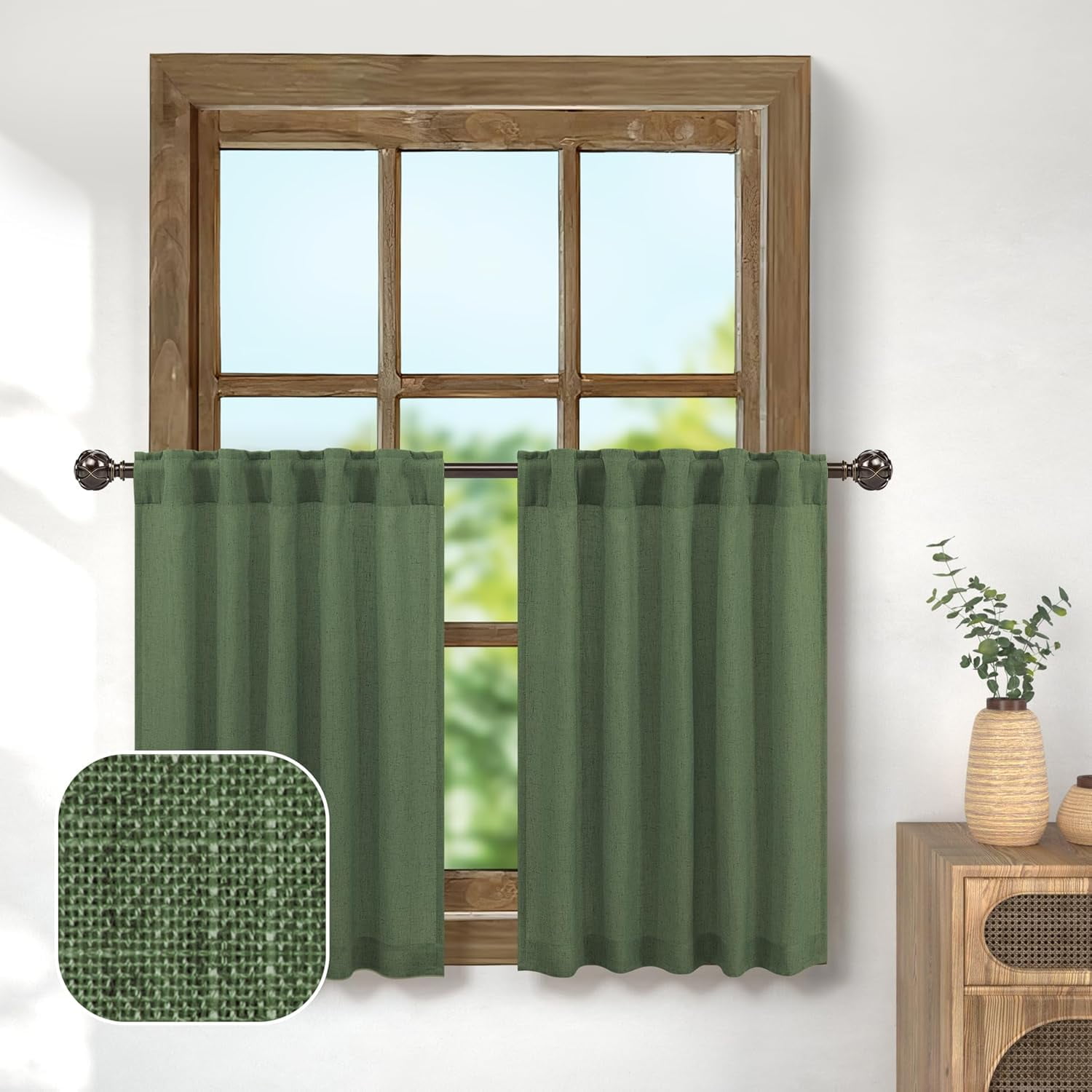 Olive Green Boho Kitchen Curtains 36 Inch Length for Small Window ...
