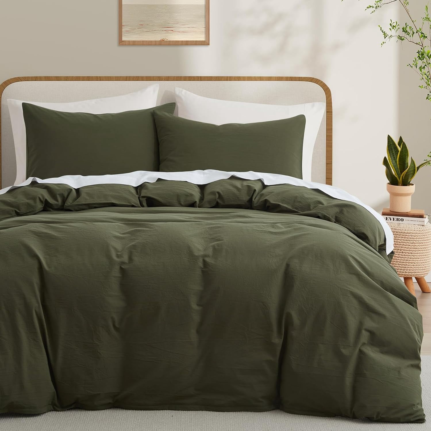 Olive Green Cotton Duvet Cover Twin Size, Linen Like Natural Bedding ...