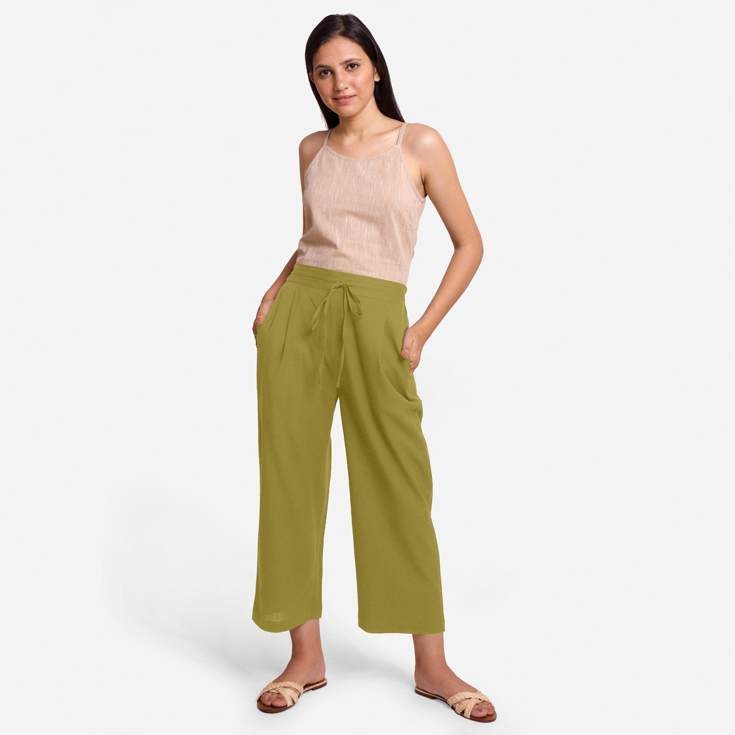Olive Green Cotton Flax Elasticated Relaxed Fit Wide Legged Pant ...