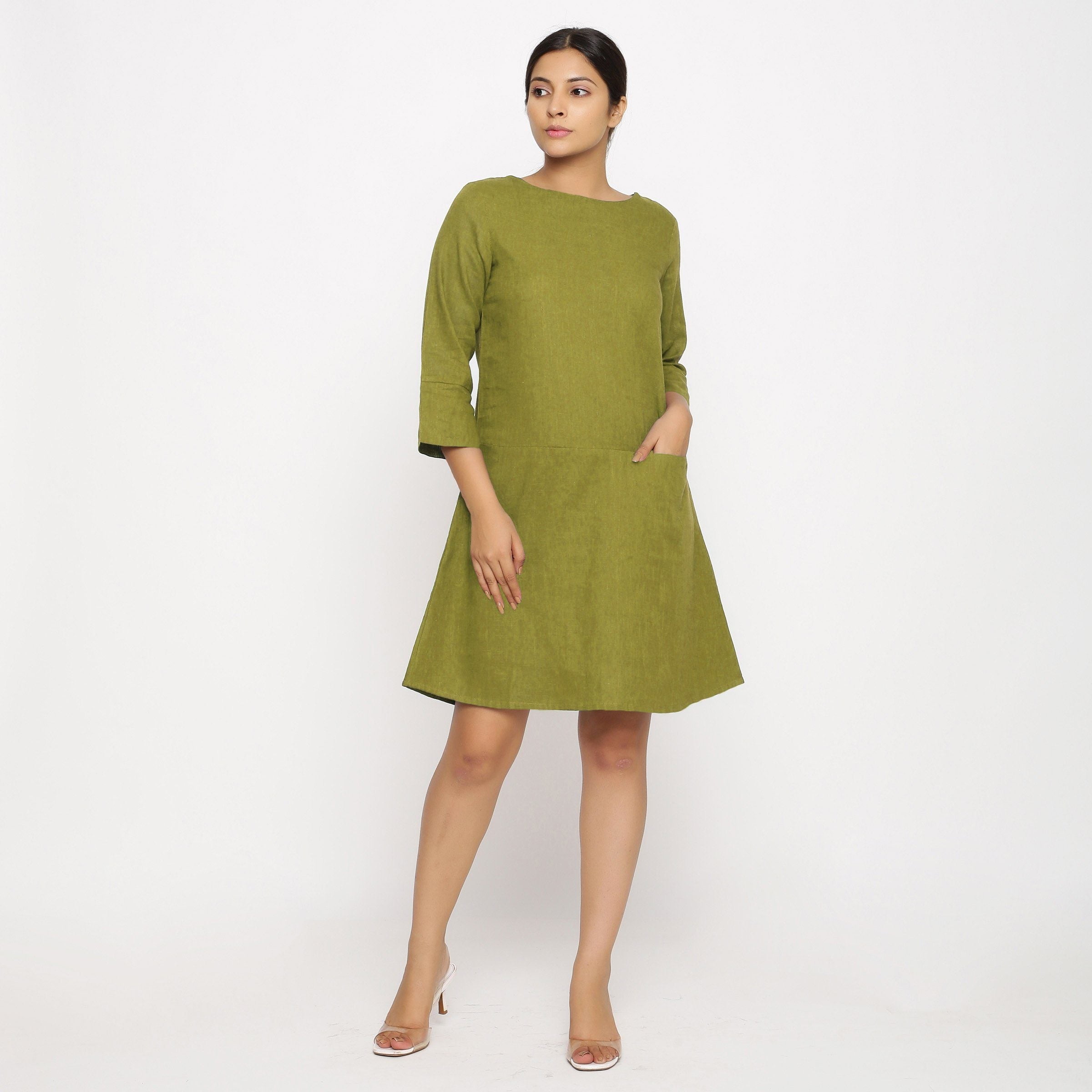 Olive Green Cotton Yoked Tunic Short Dress - Walmart.com