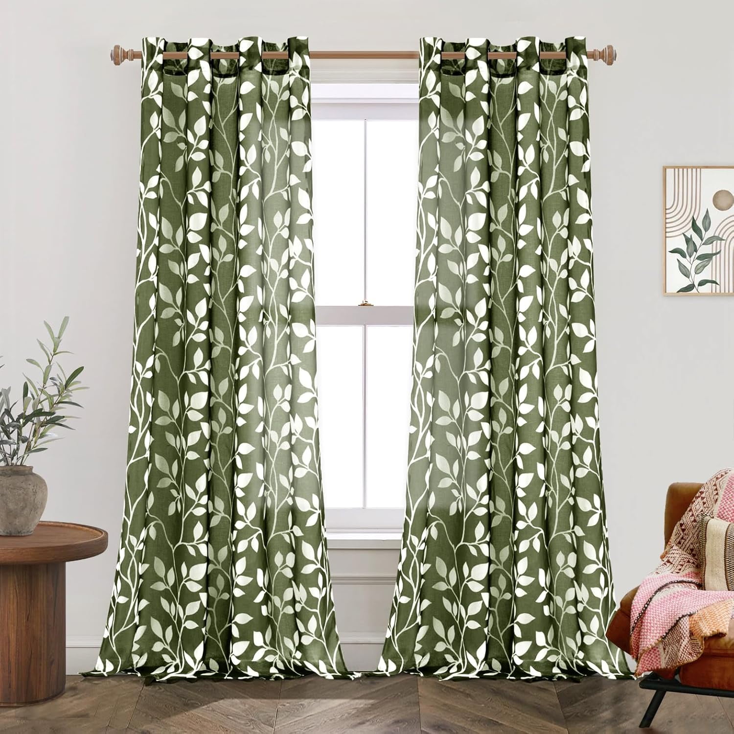 Olive Green Curtains 84 Inch Length for Bedroom Aesthetic,Sheer Boho ...