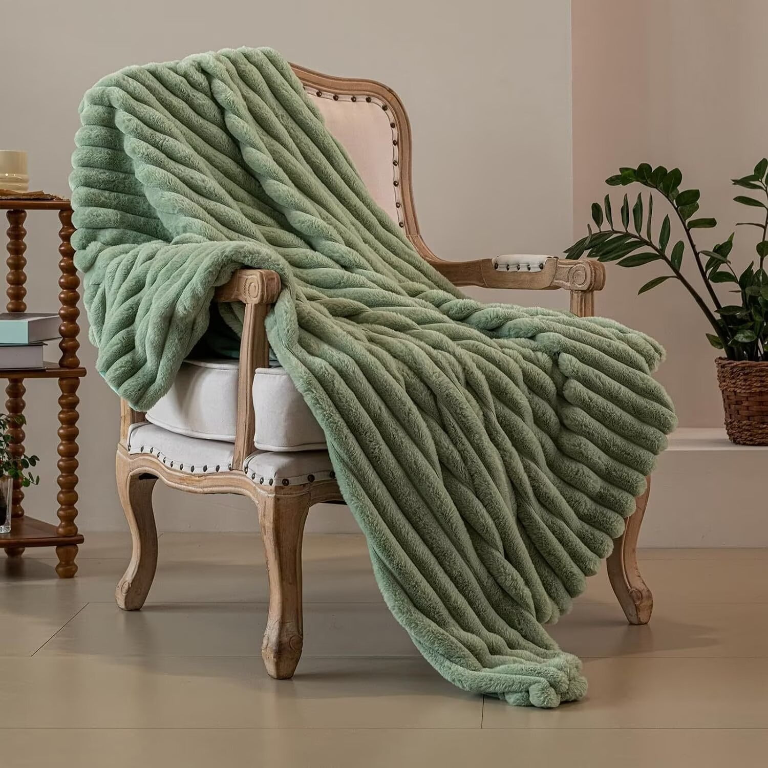 Olive Green Faux Fur Throw Blanket,2 Layers,50" x 60" Cozy Plush Fluffy ...