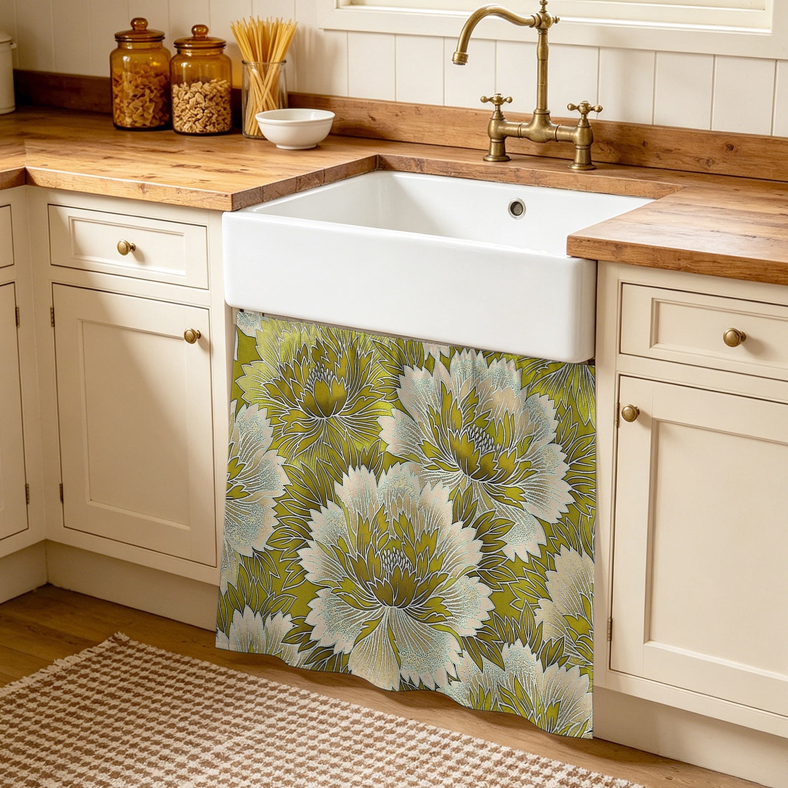 Olive Green Floral Boho Cabinet Curtains 35"W x 35"L, Abstract Rustic ...