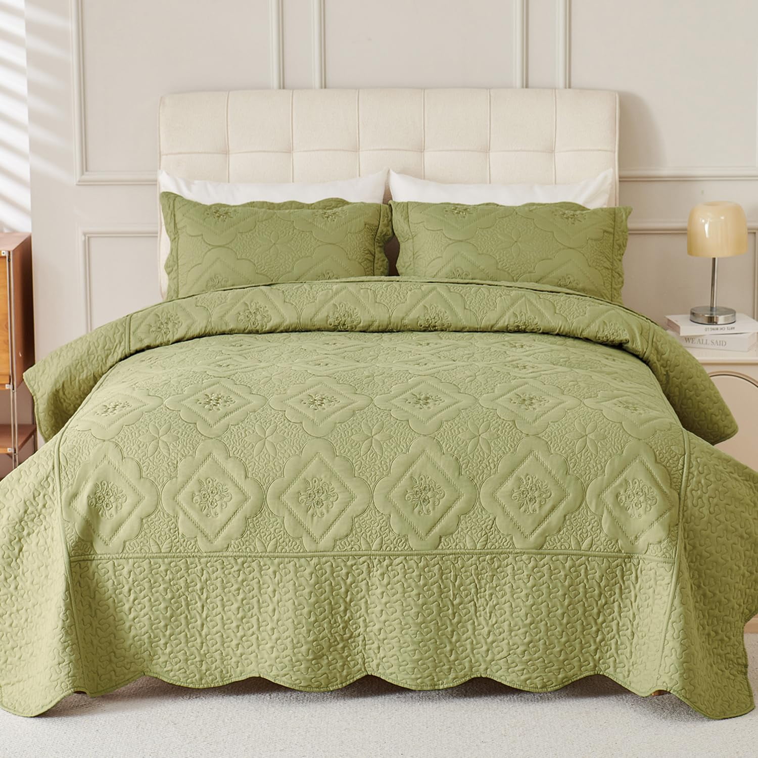 Olive Green Floral Embroidery Quilt Set, 3 Pieces King Size with ...