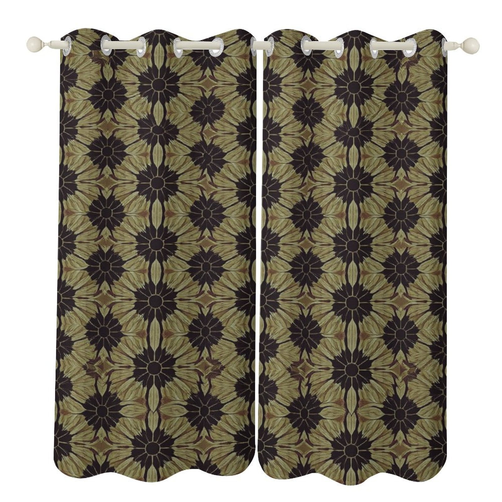 Olive Green Floral Repeating Pattern Design 2 Pieces Window Drape ...