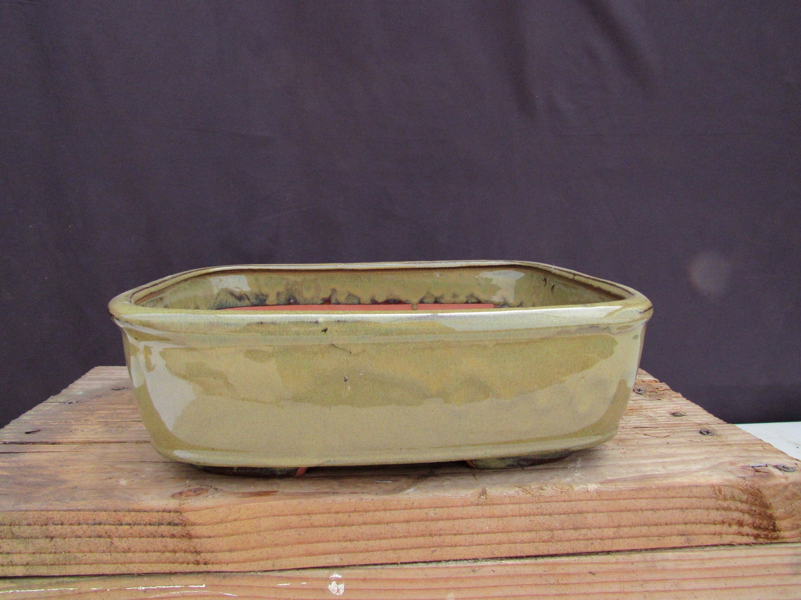 Olive Green Glazed Ceramic Bonsai Pot - Rectangle - 12.0" x 9.5" x 3. ...