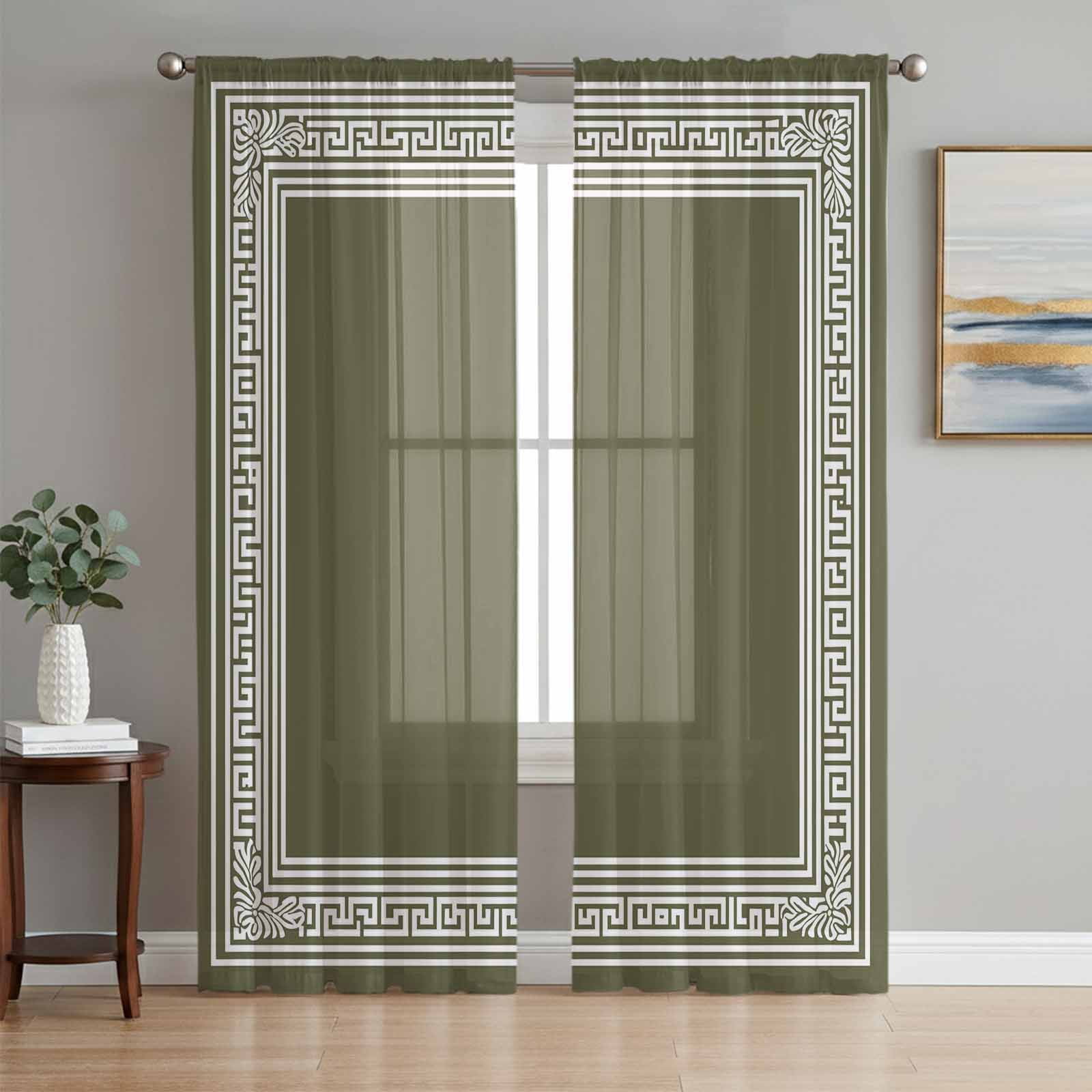 Olive Green Greek Key Semi Sheer Curtains 72 Inch Length 2 Panels Set ...