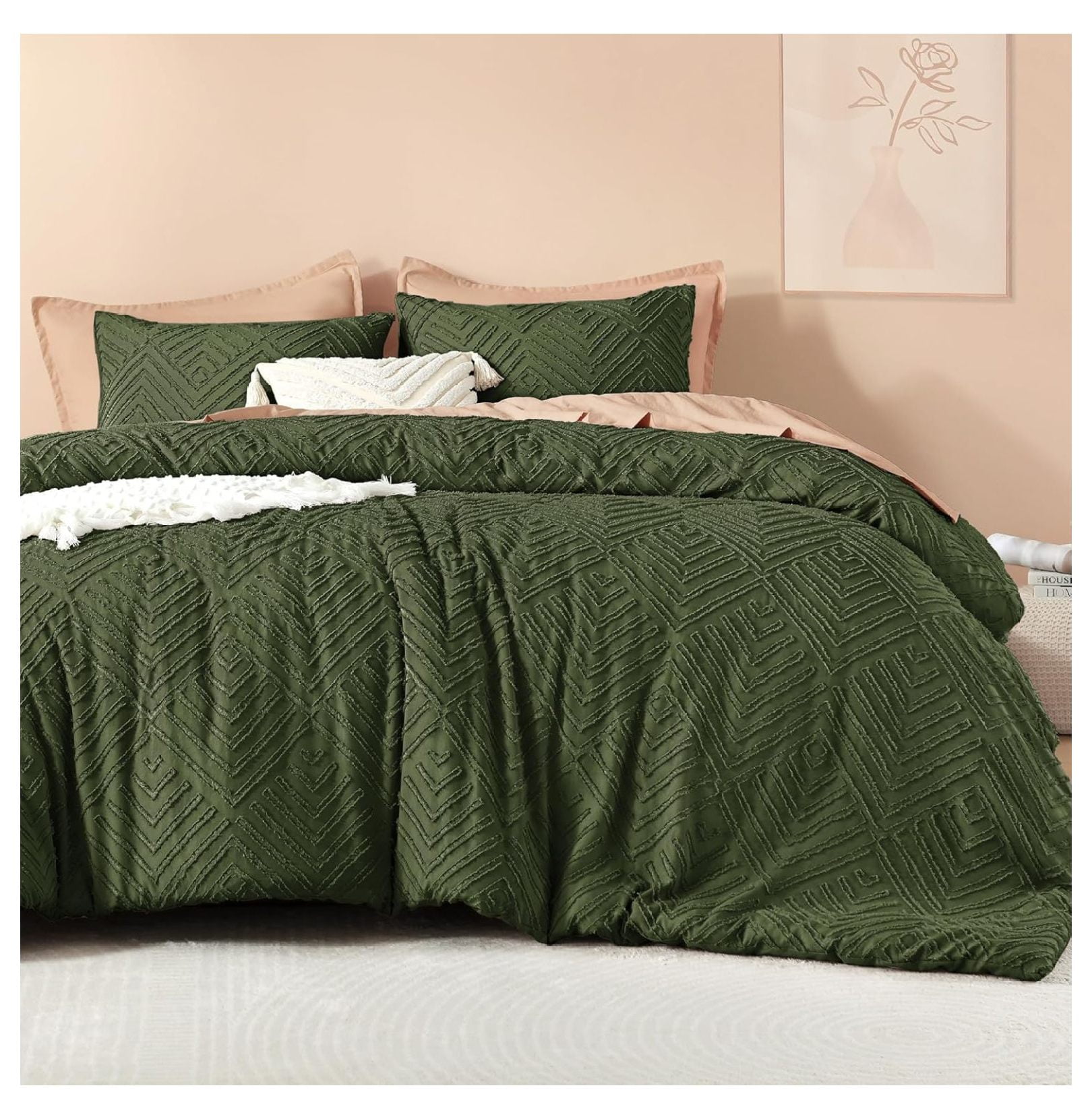 Olive Green King Size Comforter Set, 3 Pieces Tufted Boho Farmhouse ...