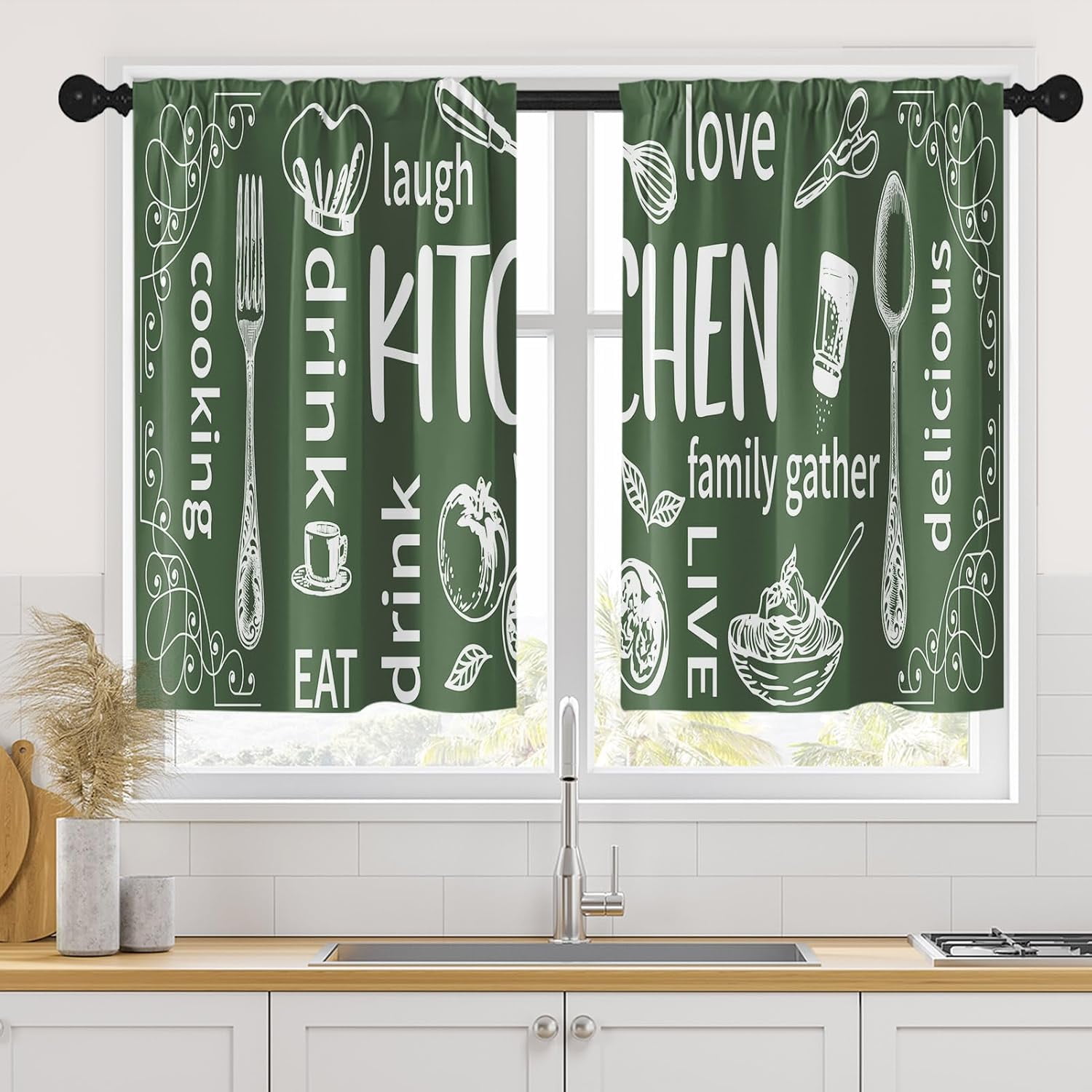 Olive Green Kitchen Curtains 36 Inch Length Modern Window Short Tier ...