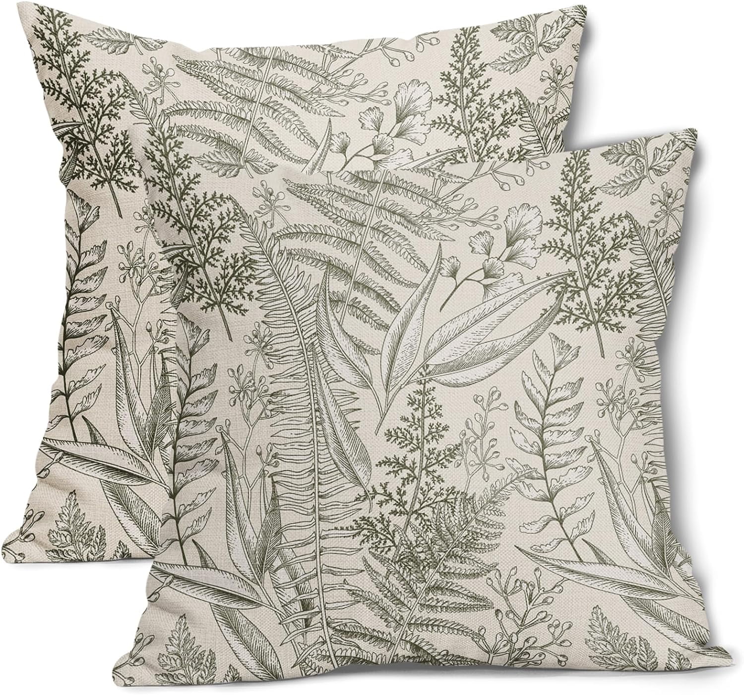 Olive Green Leaf Plant Pillow Covers 20X20 Inch Herbs Botanical Fern ...