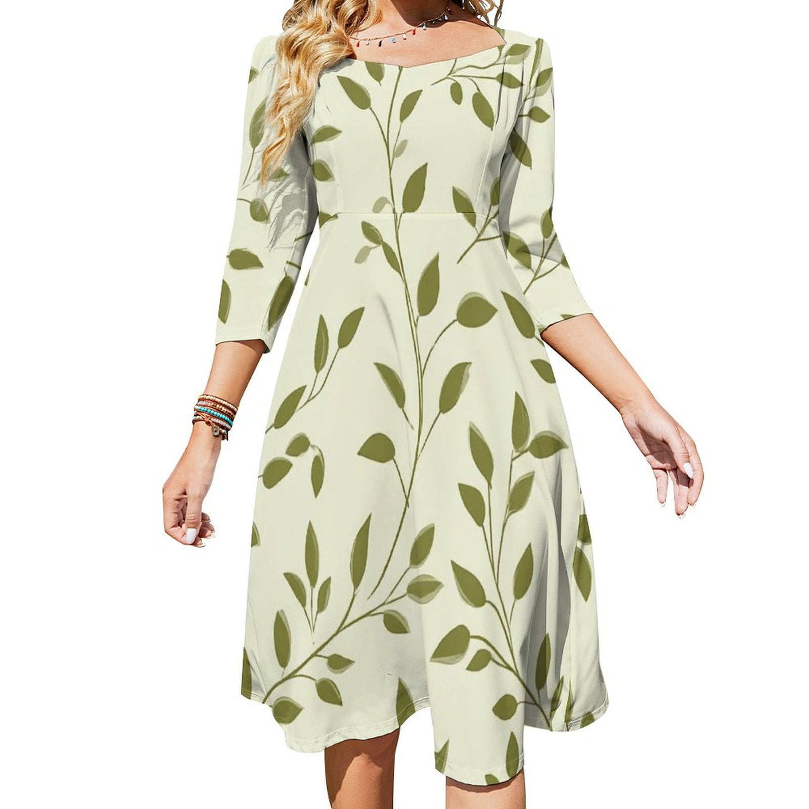 Olive Green Leafy Floral Pattern Sweetheart Knot Flared Dress Fashion ...