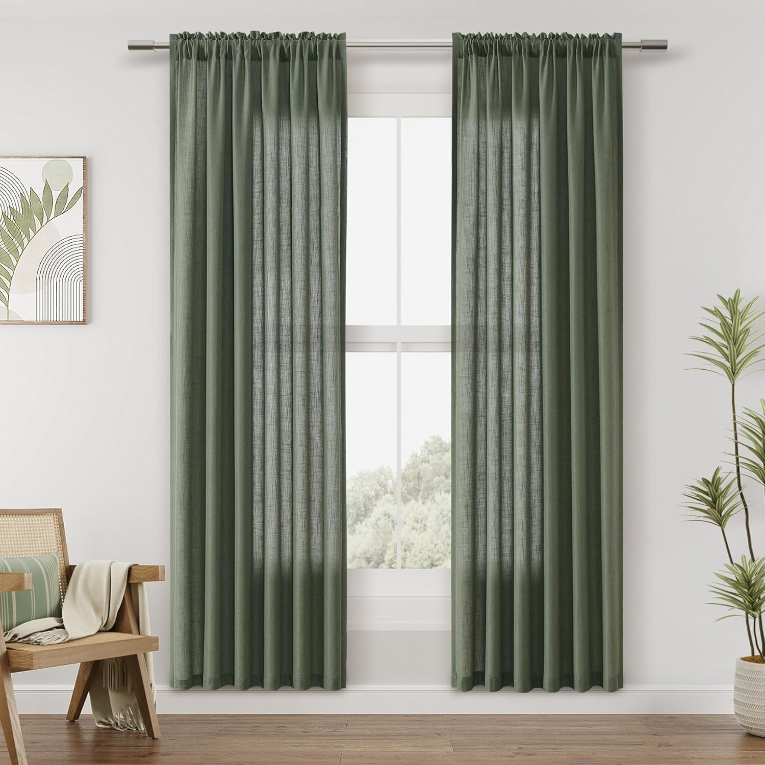 Olive Green Linen Curtains 80 Inch Length for Living Room Bedroom 2 ...