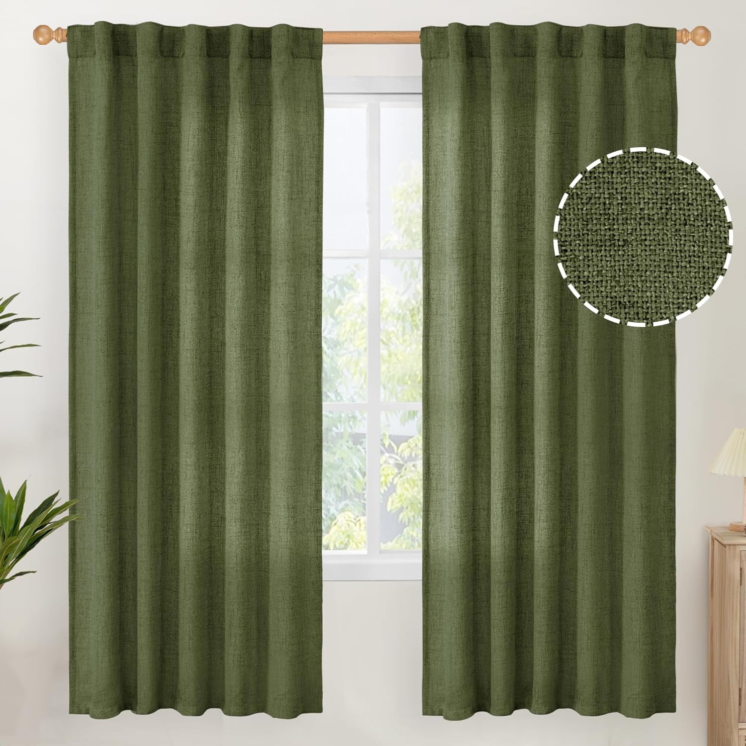 Olive Green Linen Curtains for Living Room 72 Inch Length, Light ...