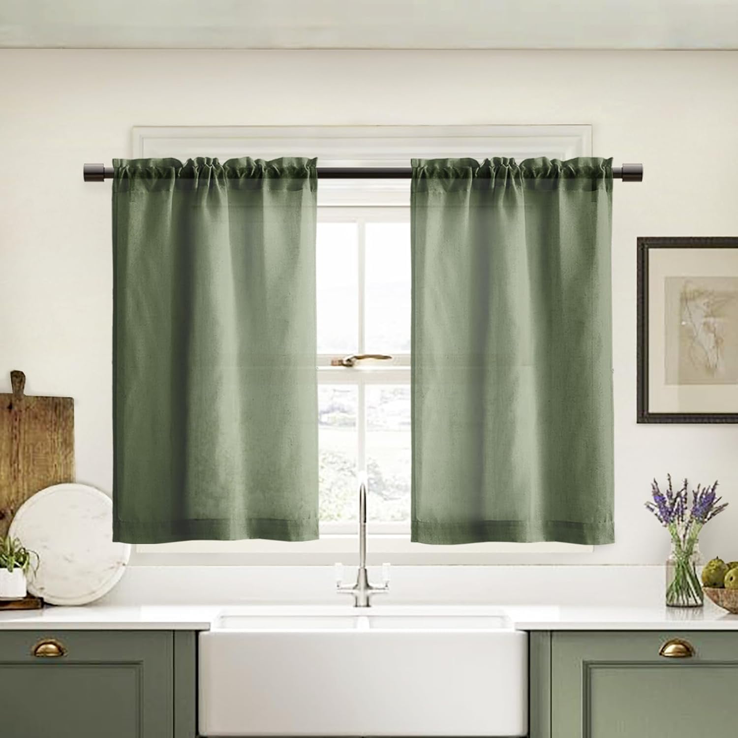 Olive Green Linen Kitchen Curtains 30 Inches Long Rustic Farmhouse Boho ...