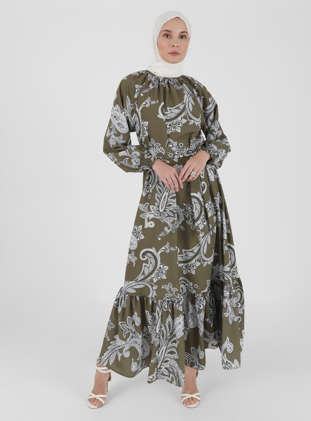 Olive Green - Multi - Crew neck - Unlined - Modest Dress - Refka ...