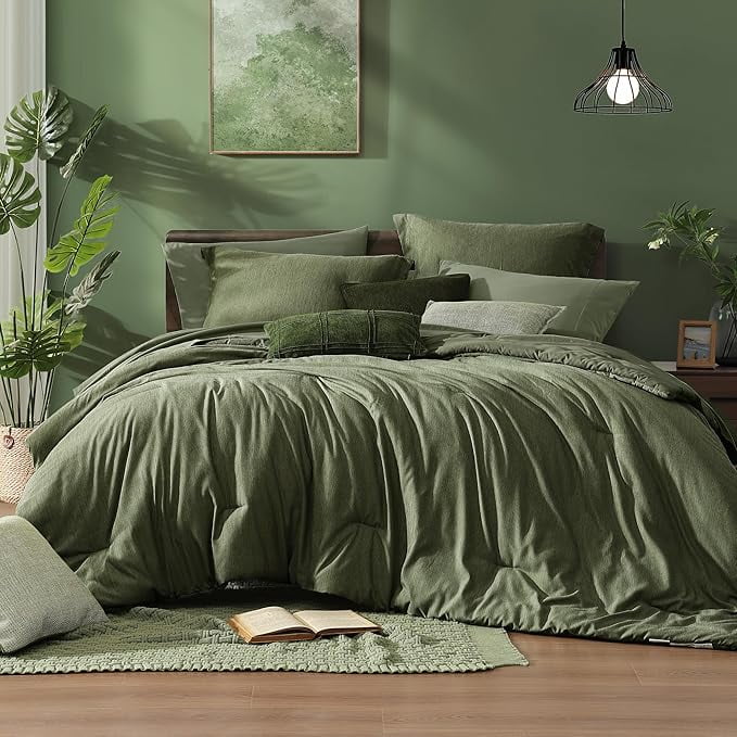 Olive Green Queen Comforter Set 7 Pieces Lightweight Fluffy Cationic ...