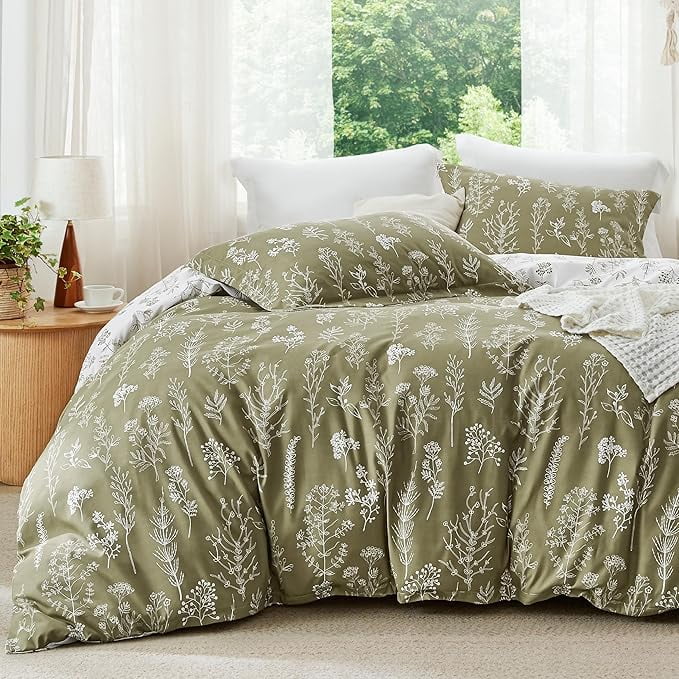 Olive Green Reversible Floral Duvet Set 3 Piece Botanical Print Bedding ...