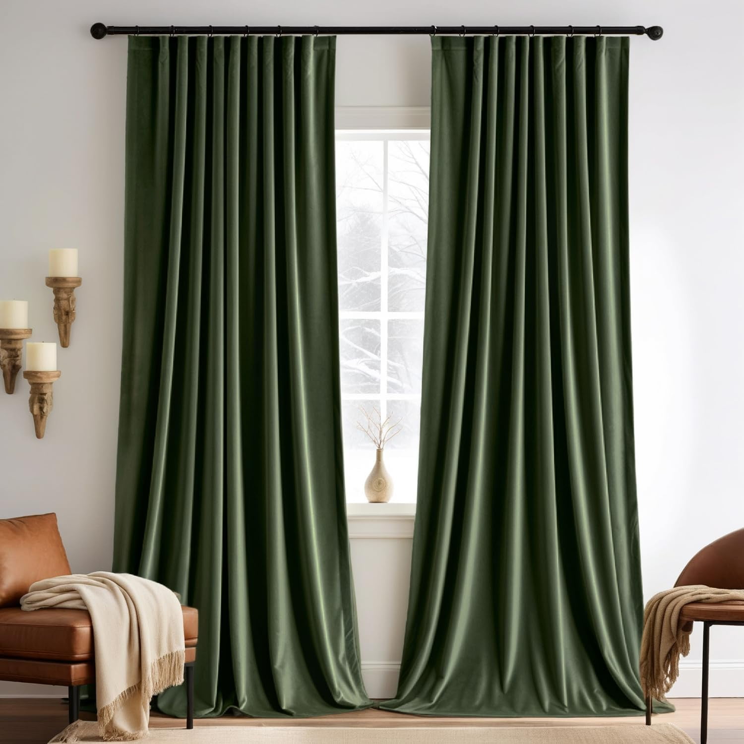 Olive Green Velvet Curtains 84 inches 2 Panels - Pinch Pleated Luxury ...