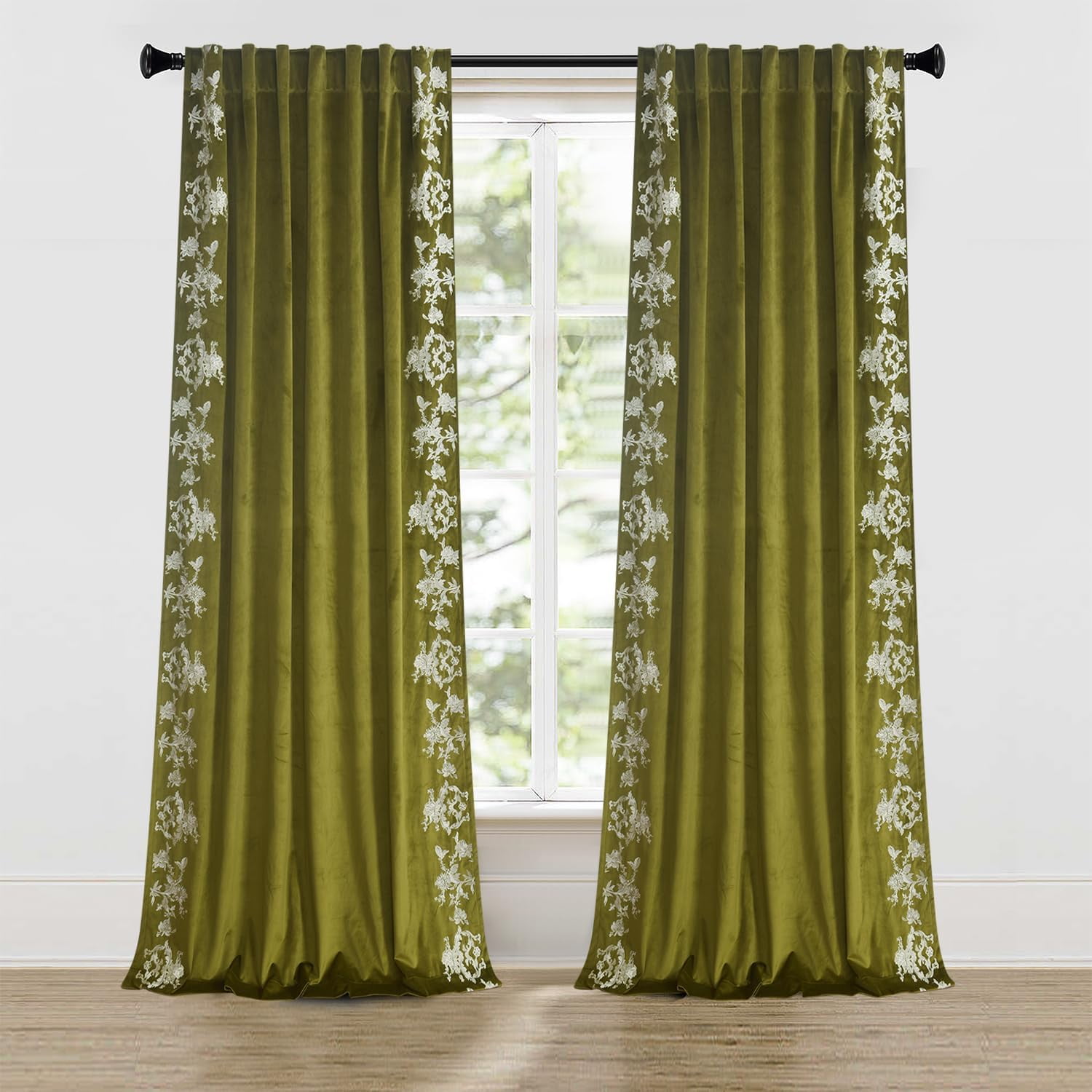 Olive Green Velvet Luxury Curtains with White Flower Embroidery, Back ...