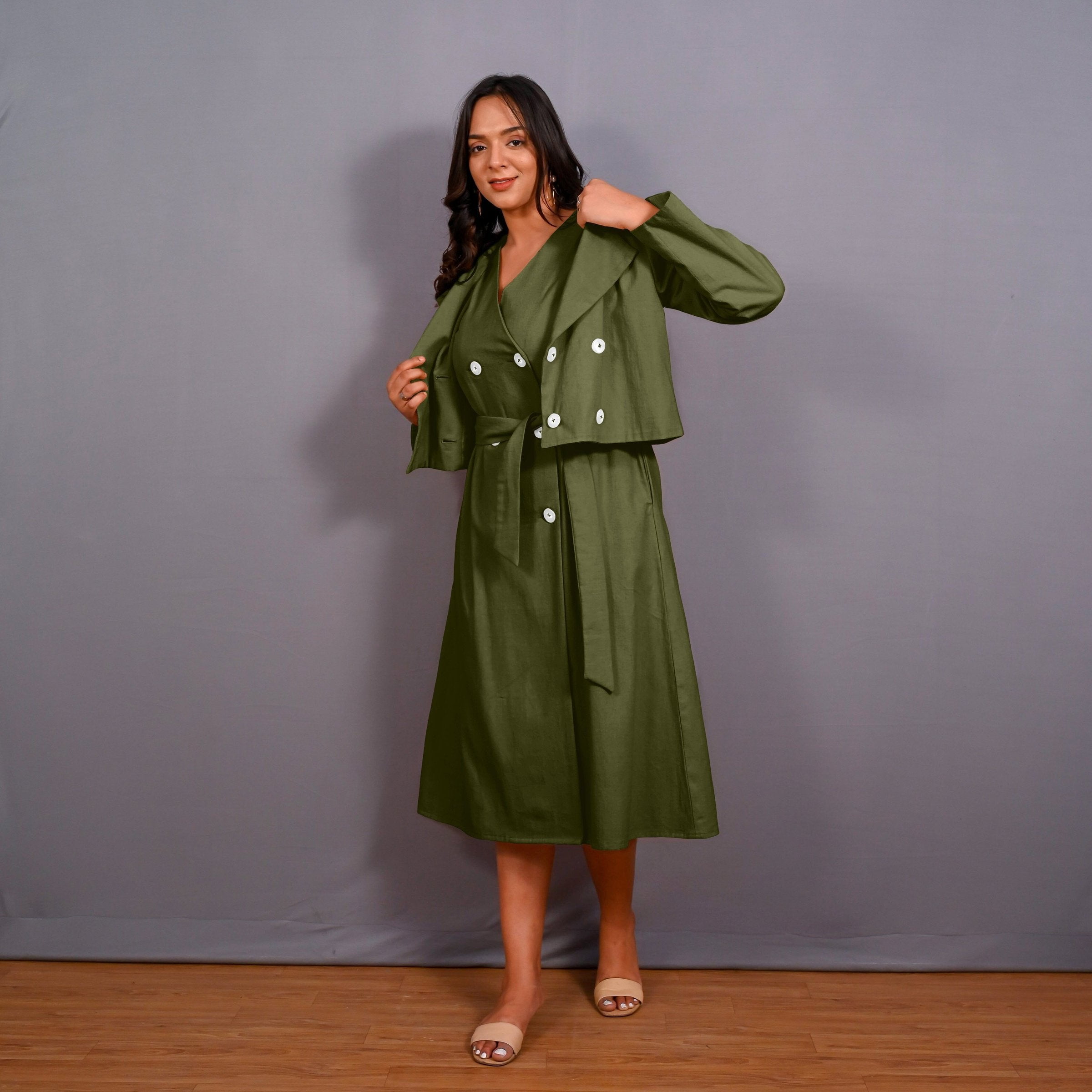 Olive Green Warm Cotton Flannel Double-Breasted Button-Down Shacket ...