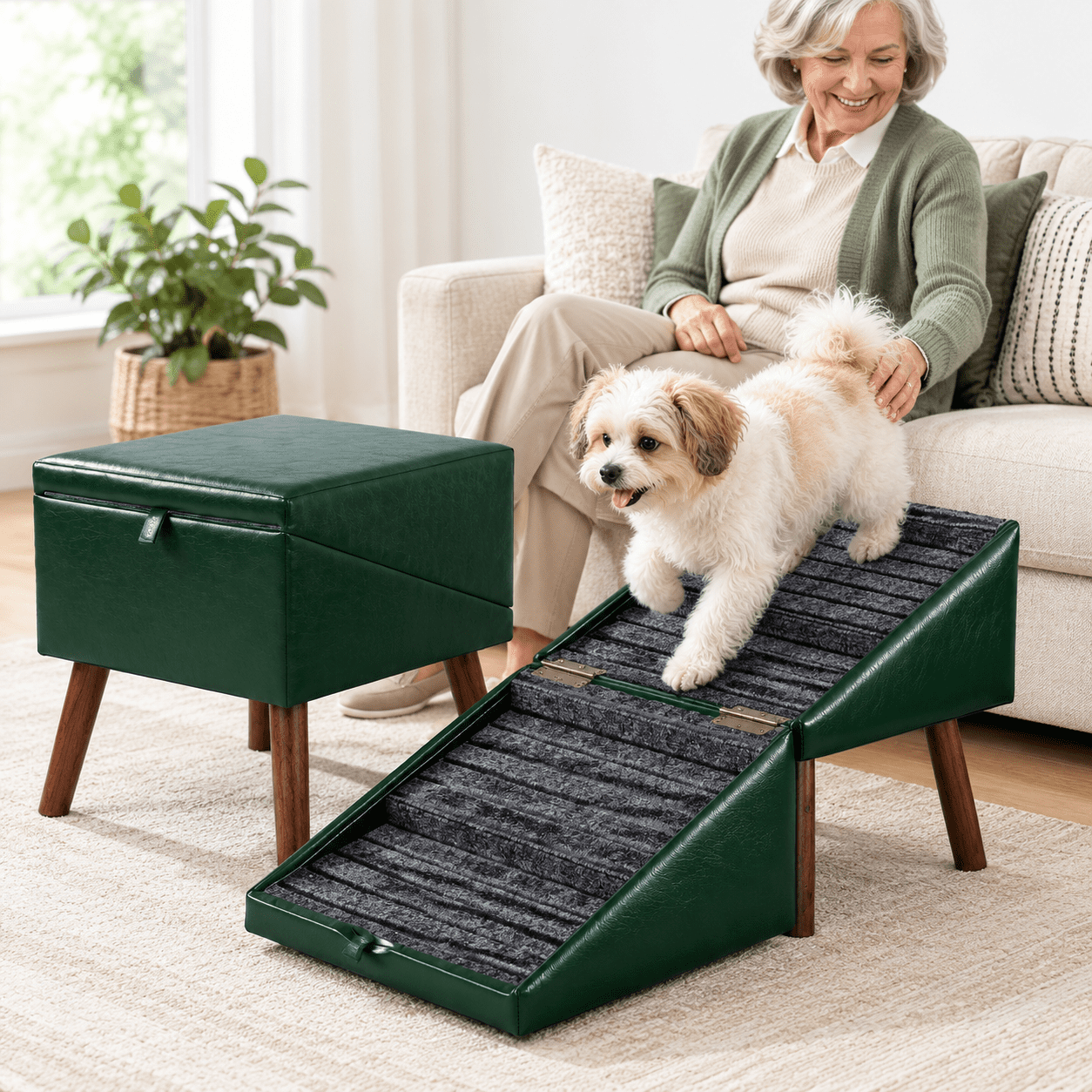 Olive Green XL(17.13”H) Faux Leather Foldable Pet Stairs Ottoman for ...