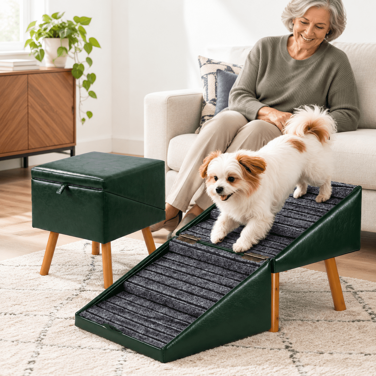 Olive Green XL(17.13”H) Faux Leather Foldable Pet Stairs Ottoman ...