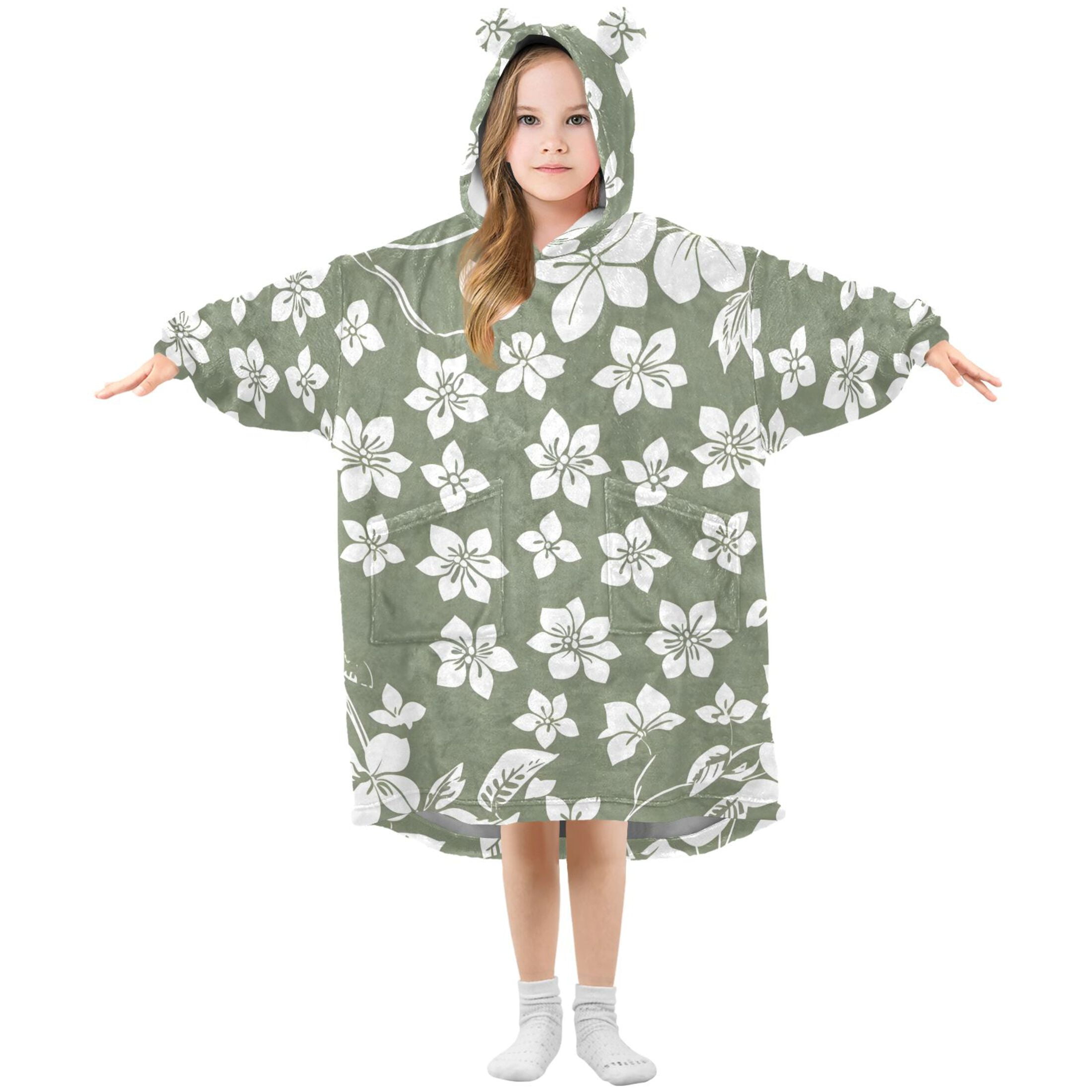 Olive Green with White Flowers Flannel Wearable Blankets Hooded Design ...