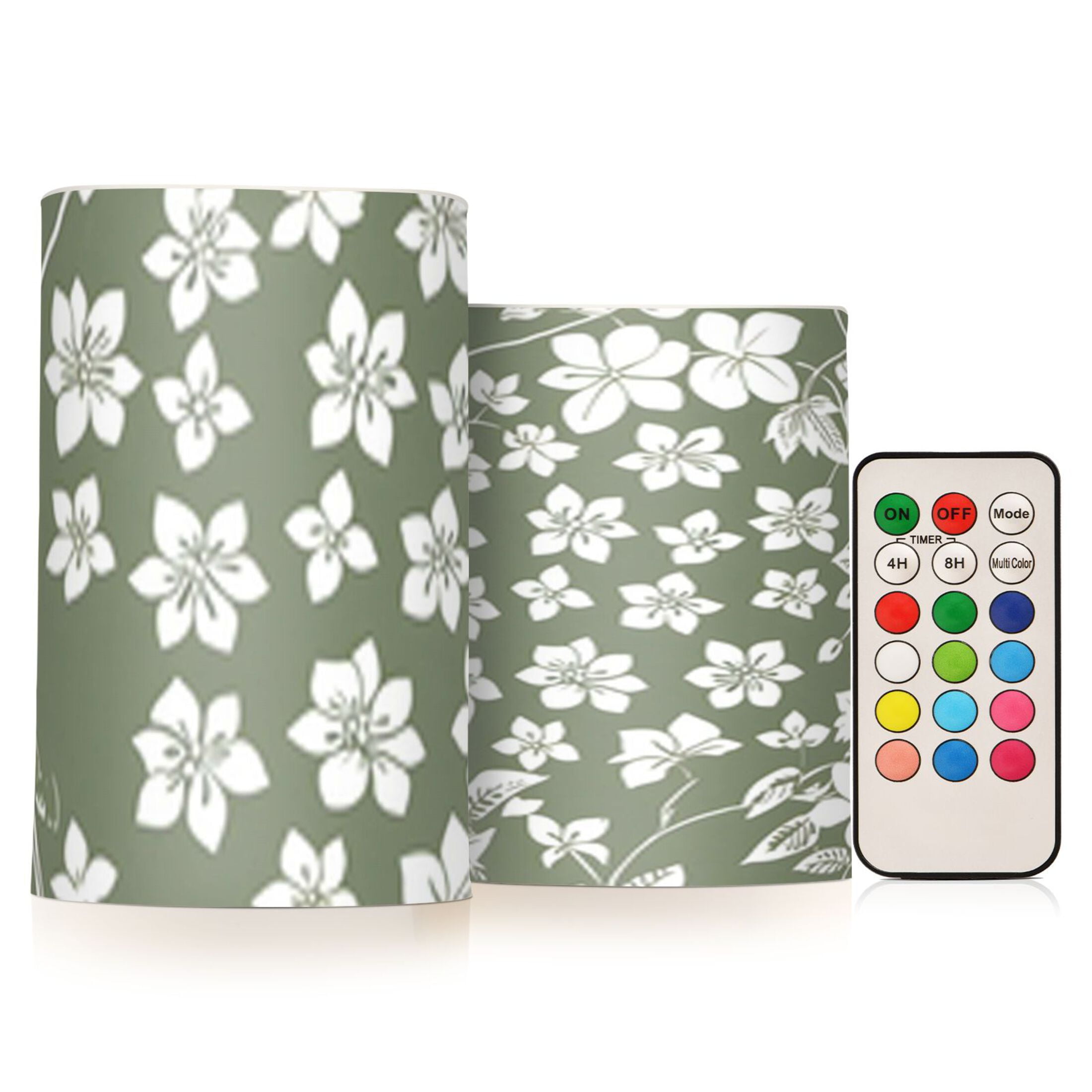Olive Green with White Flowers Flickering Flameless Candles Battery ...