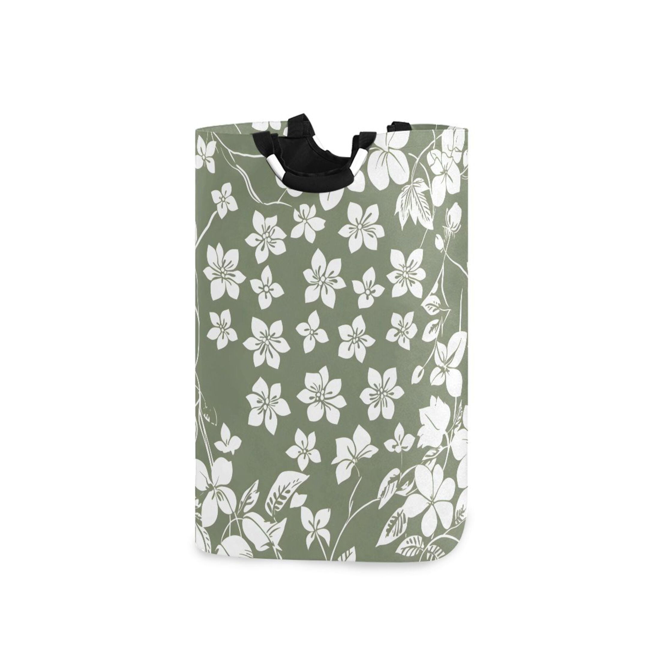 Olive Green with White Flowers Laundry Basket with Handles 50L ...