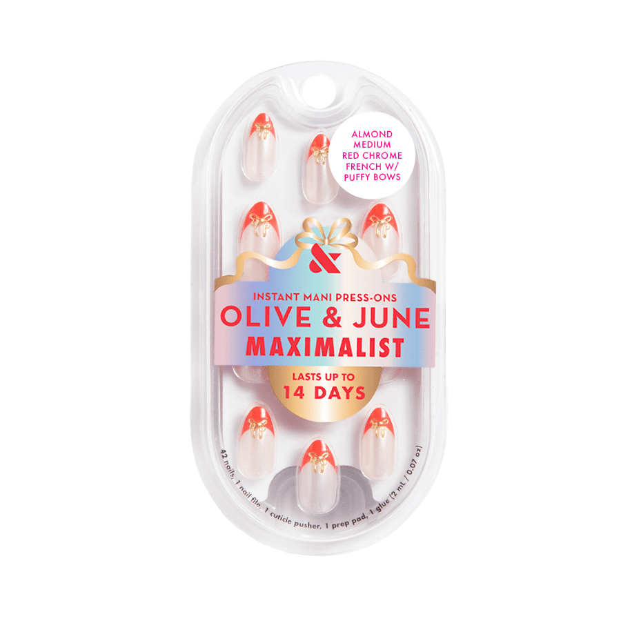 Olive & June Press On Maximalist Red Chrome French with Puffy Bows ...
