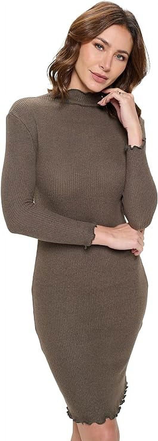 Women's Long Sleeve Midi Cocktail Bodycon Dress, Stretchy Ribbed Knit ...