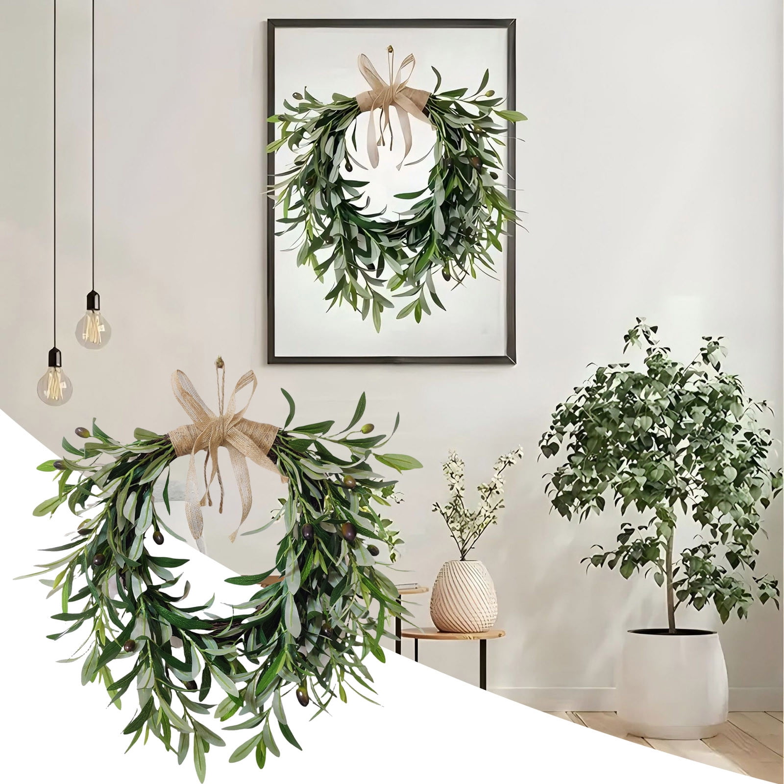Olive Leaf Wreath for Front Door - 19-inch Artificial Greenery Wreath ...