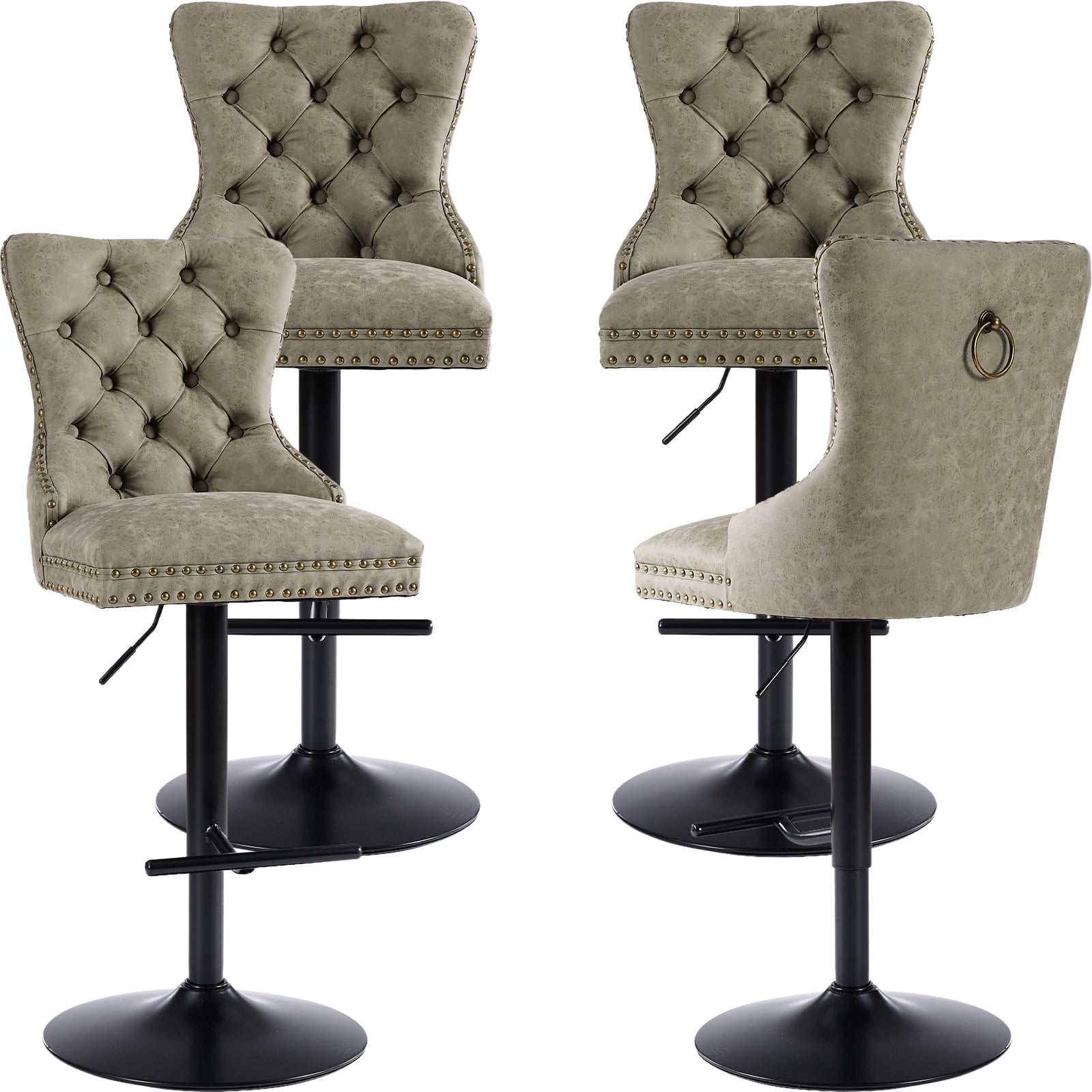 Olive PU Leather Swivel Bar Stools Set of 4 with Upholstered Back ...