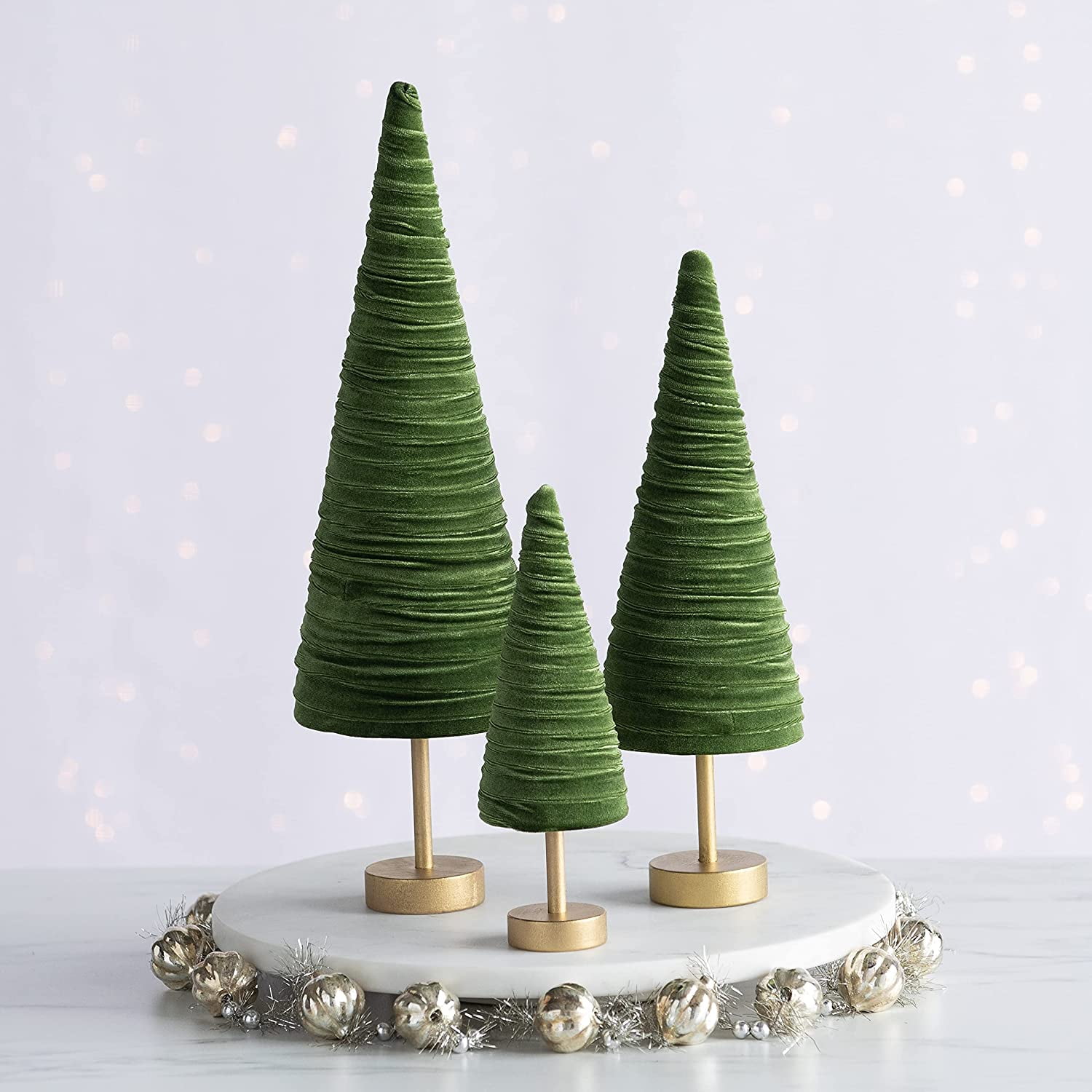 Olive Pedestal Velvet Trees Set of 3, Modern Decor, Green Tablescape ...