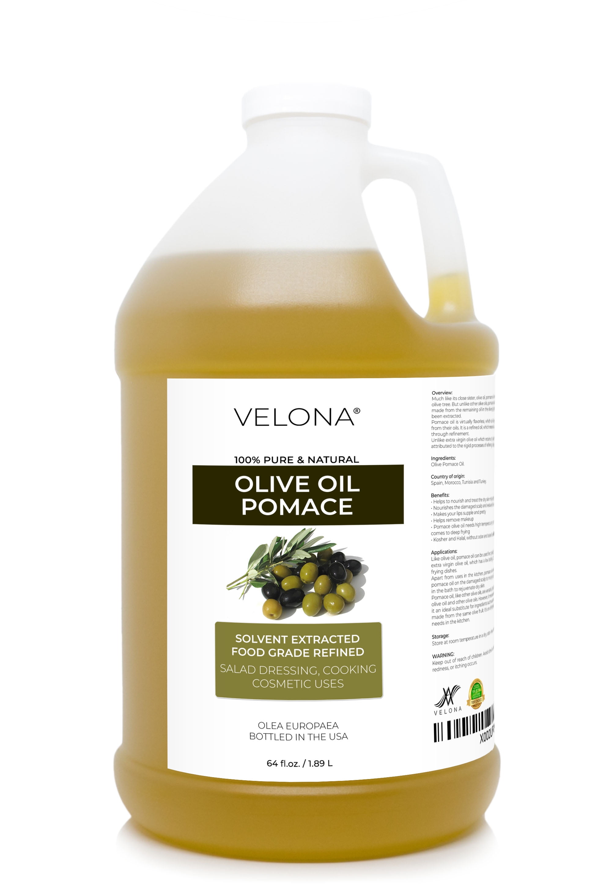 Olive Pomace Oil by Velona - 64 oz | 100% Pure and Natural Carrier Oil ...