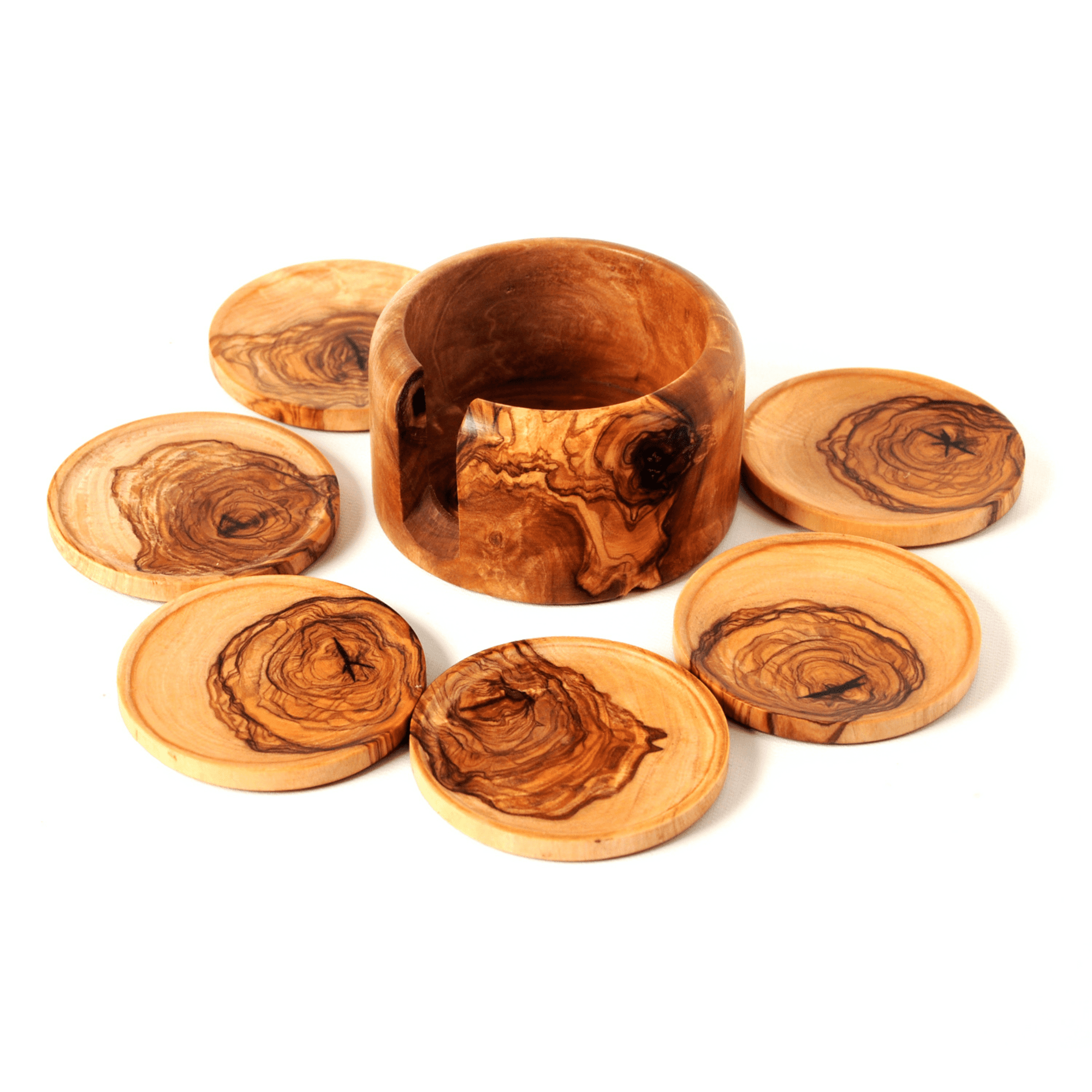 Olive Wood 6 piece round Coaster Set with holder- Unique wooden ...