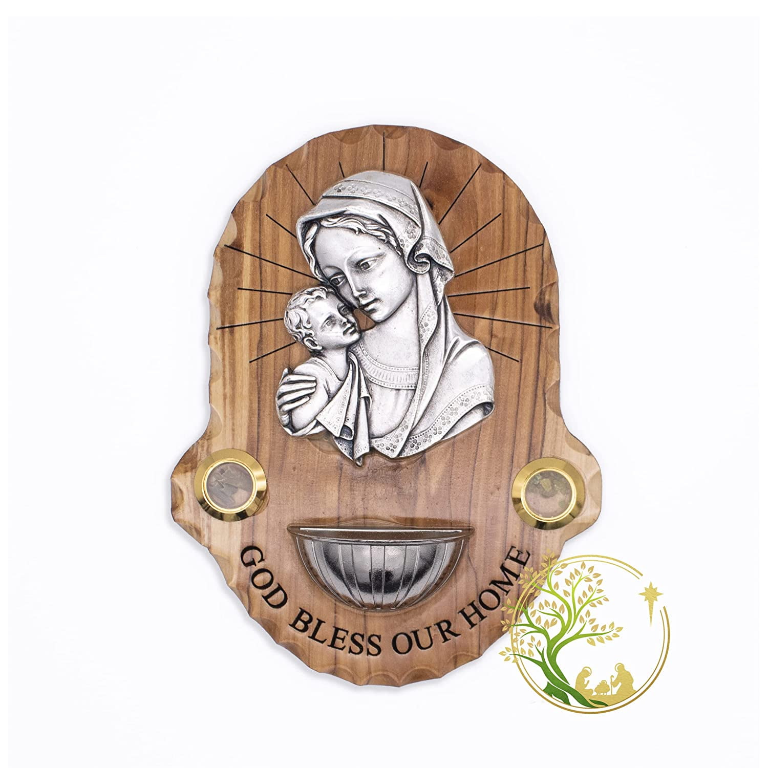 Olive Wood Holy Water Font for Wall | Virgin Mary & Baby Plaque | God ...