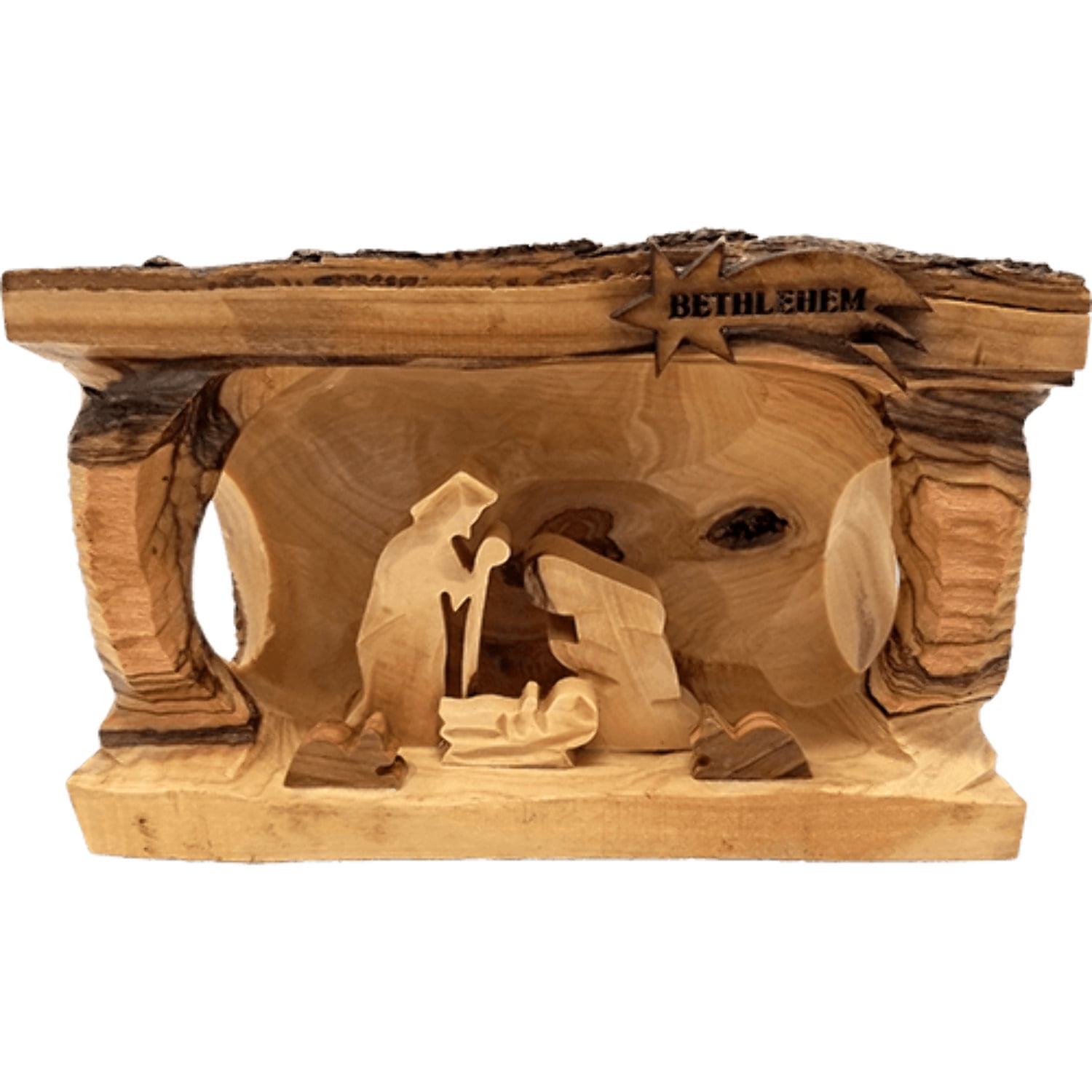 Nativity Grotto Log With Bark 3D Holy Land Olive Wood - Large- Made in ...