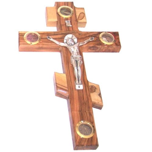 Olive Wood Patriarchal Three bar Crucifix with Holy Land Samples. (25cm ...