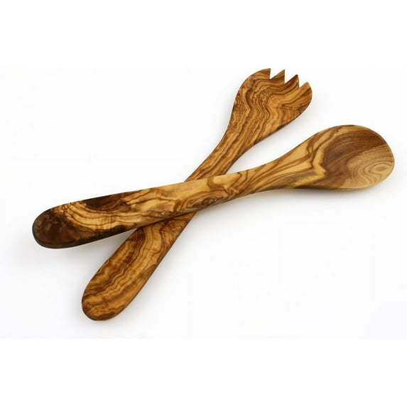 Olive Wood Salad Server Set - 12 Inch Wooden Tongs - Rustic French ...