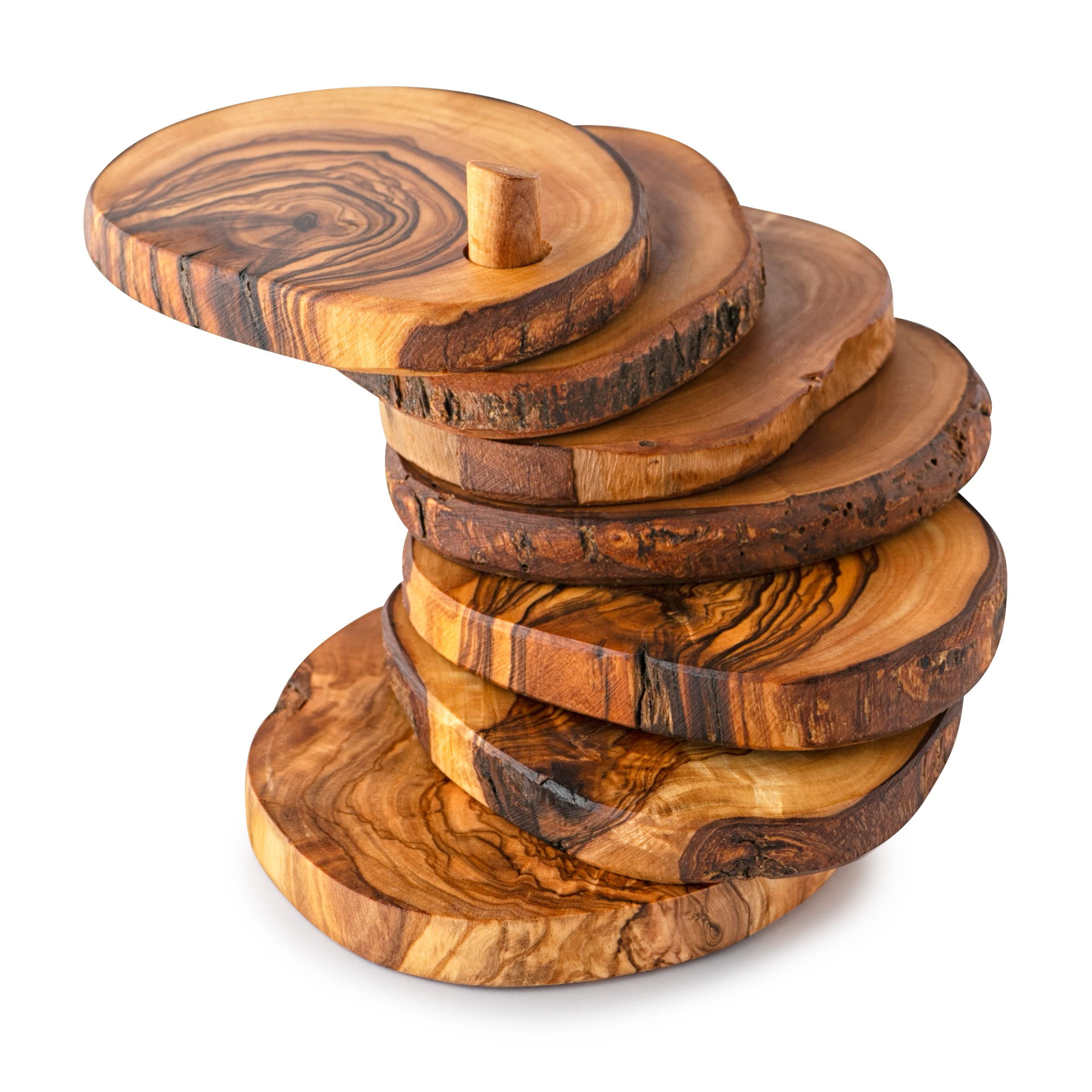 Olive Wood Table Coasters with Unique Round Holder - Set of 6 ...