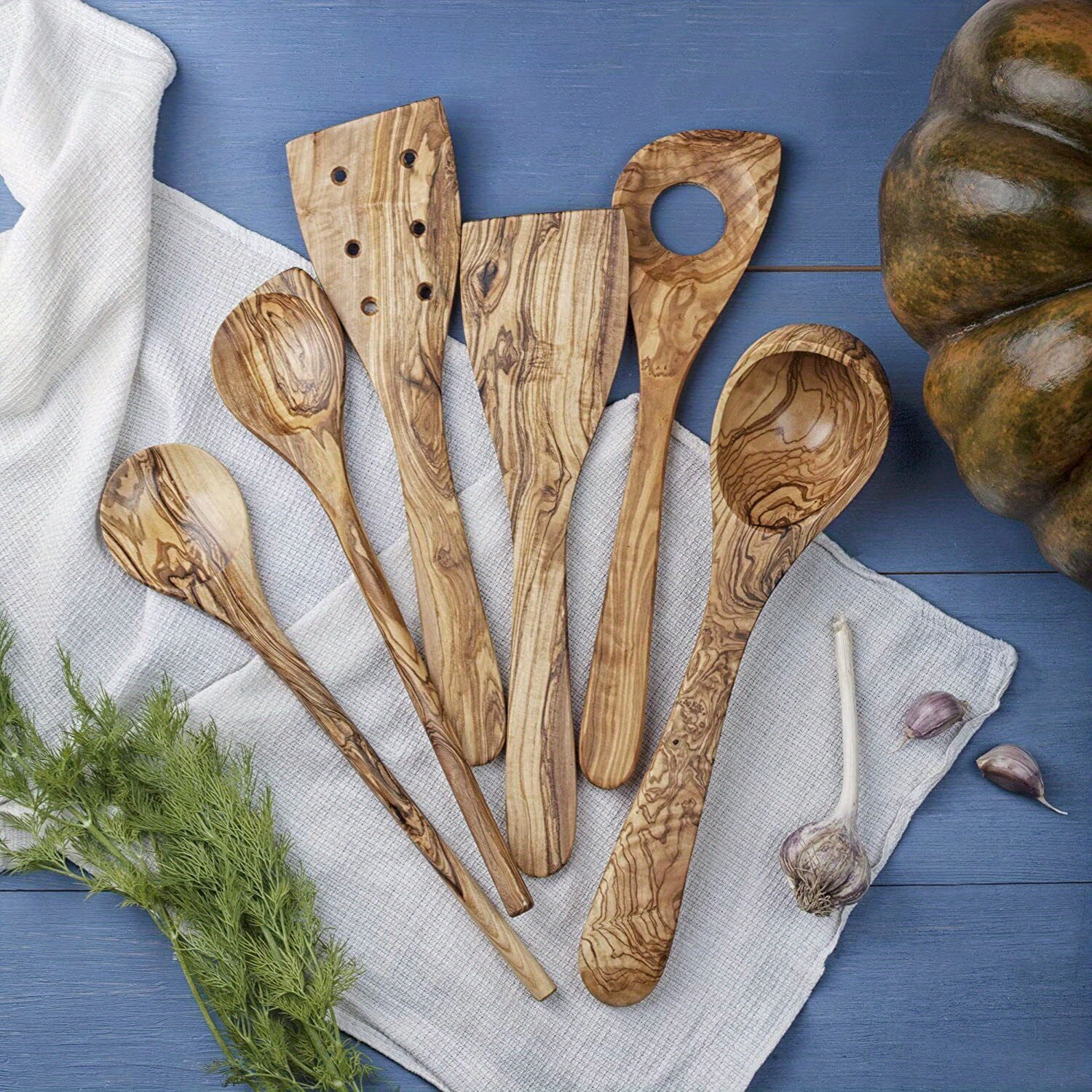 Olive Wood Utensils Set for Cooking 6pcs, Wooden Kitchen Utensil Set ...